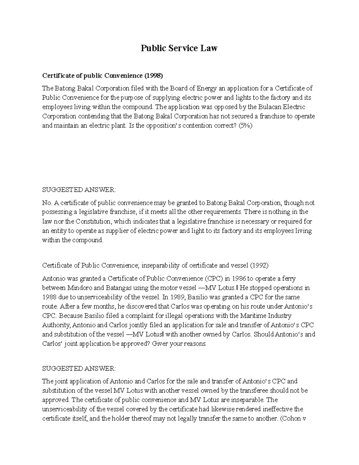 Public Service Law - Public Service Law Certificate of public ...