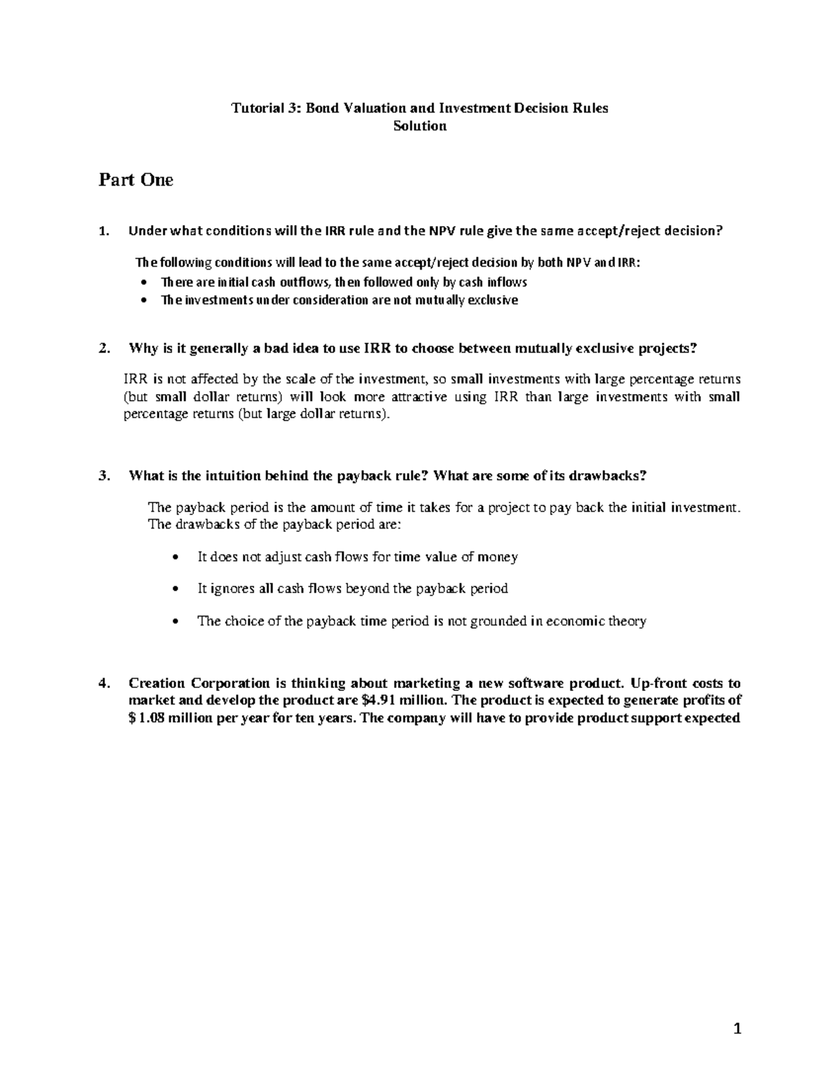 Week 3 Tutorial quetions with solution - Tutorial 3: Bond Valuation and Investment Decision ...