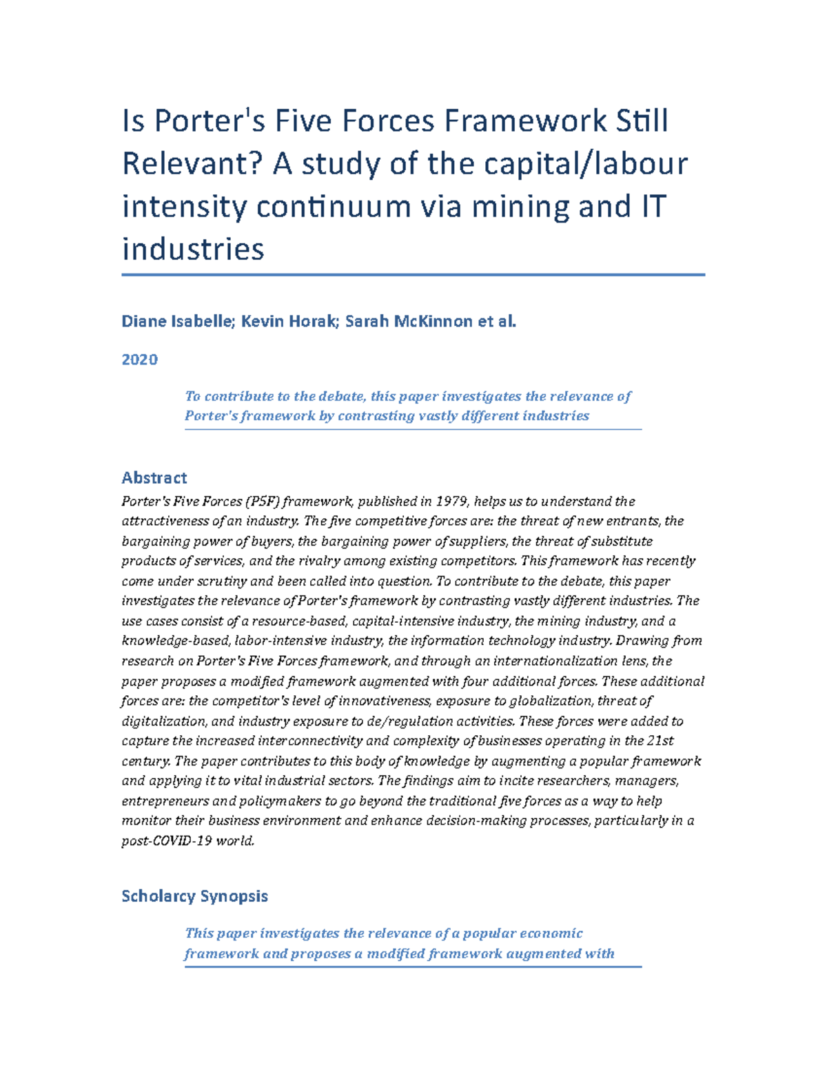 Is Porter s Five Forces Framework Still Relevant A study of the capital ...