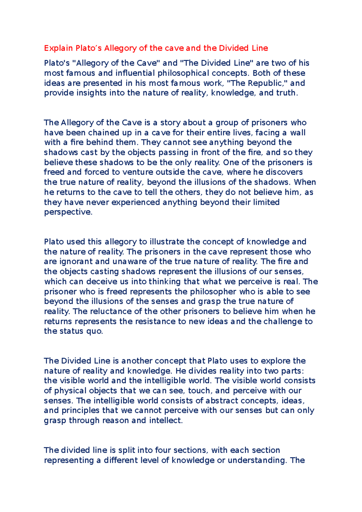 Explain Plato - Explain Plato’s Allegory of the cave and the Divided ...