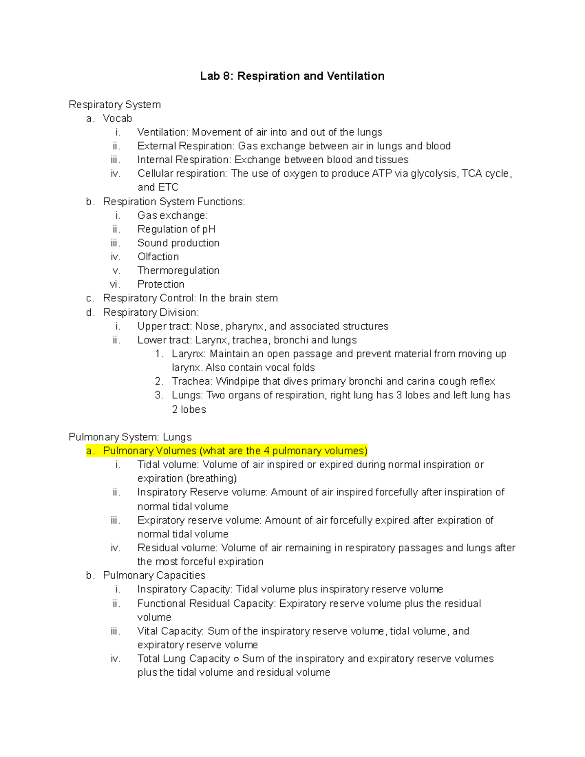Lab Exercise 8 Summary - Lab 8: Respiration and Ventilation Respiratory ...
