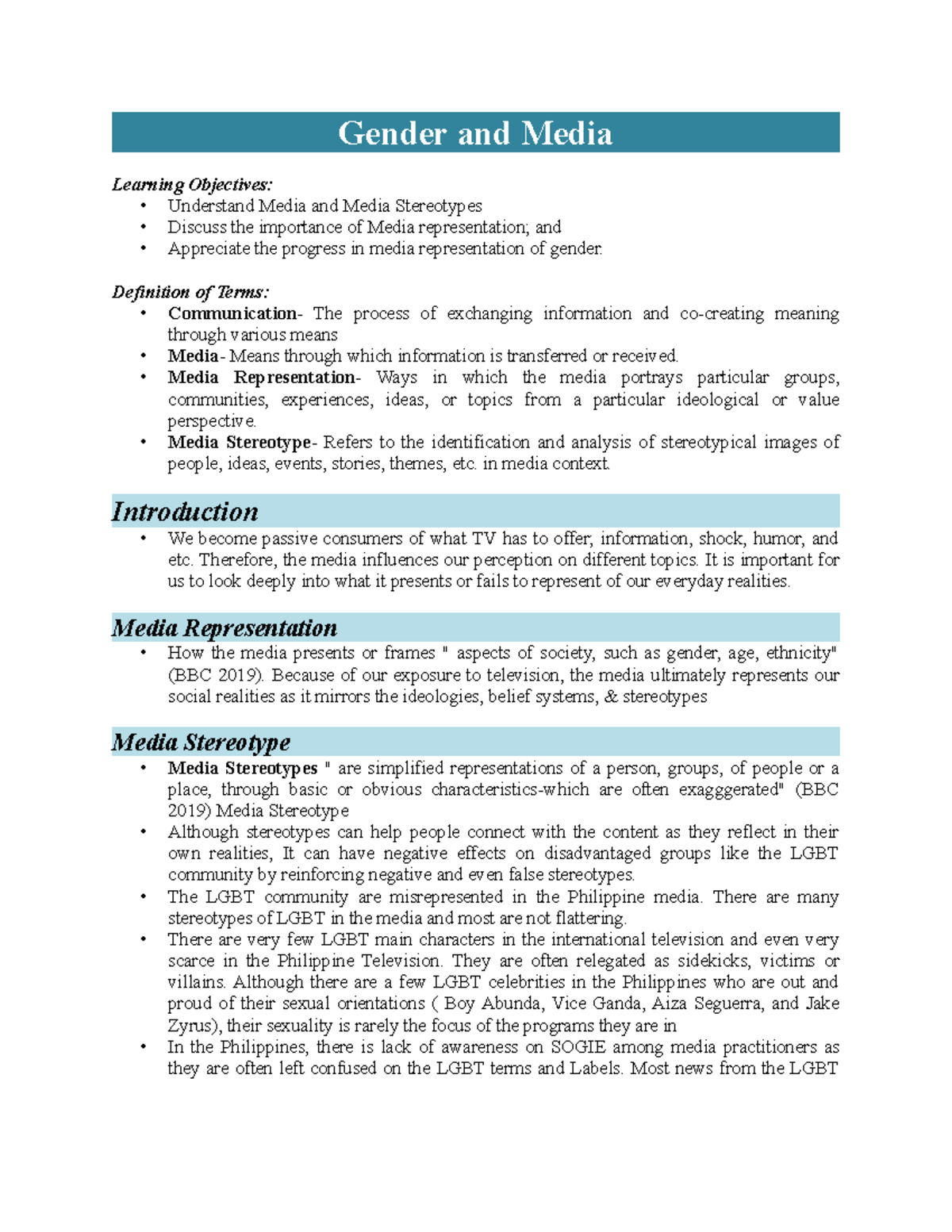 Gender and Media - Gender and Media Learning Objectives: - Understand ...
