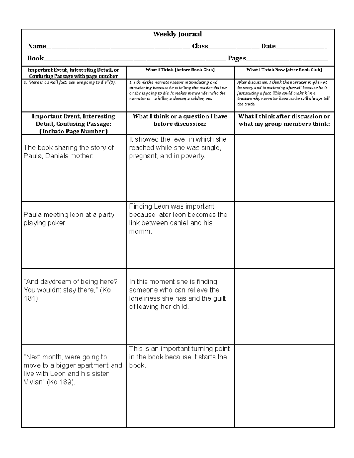 reading journal - Weekly Journal Name