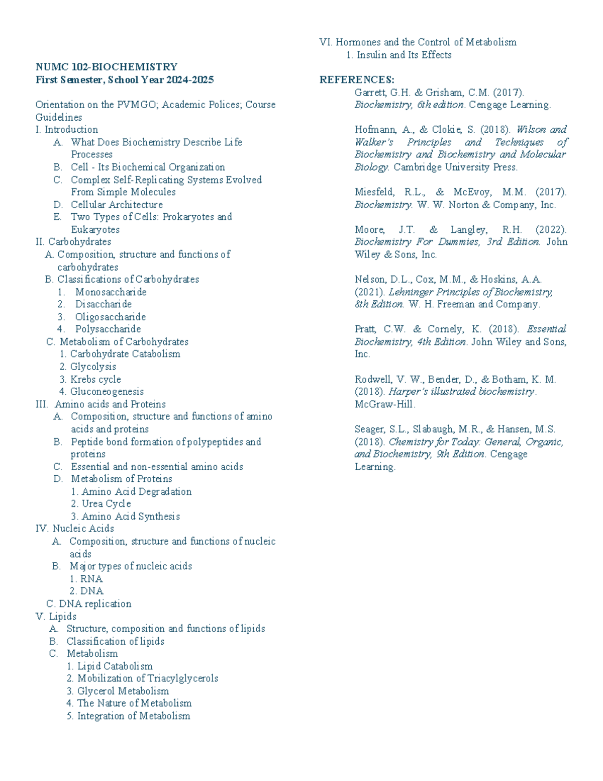 Course-Syllabus-Biochem - NUMC 102-BIOCHEMISTRY First Semester, School ...