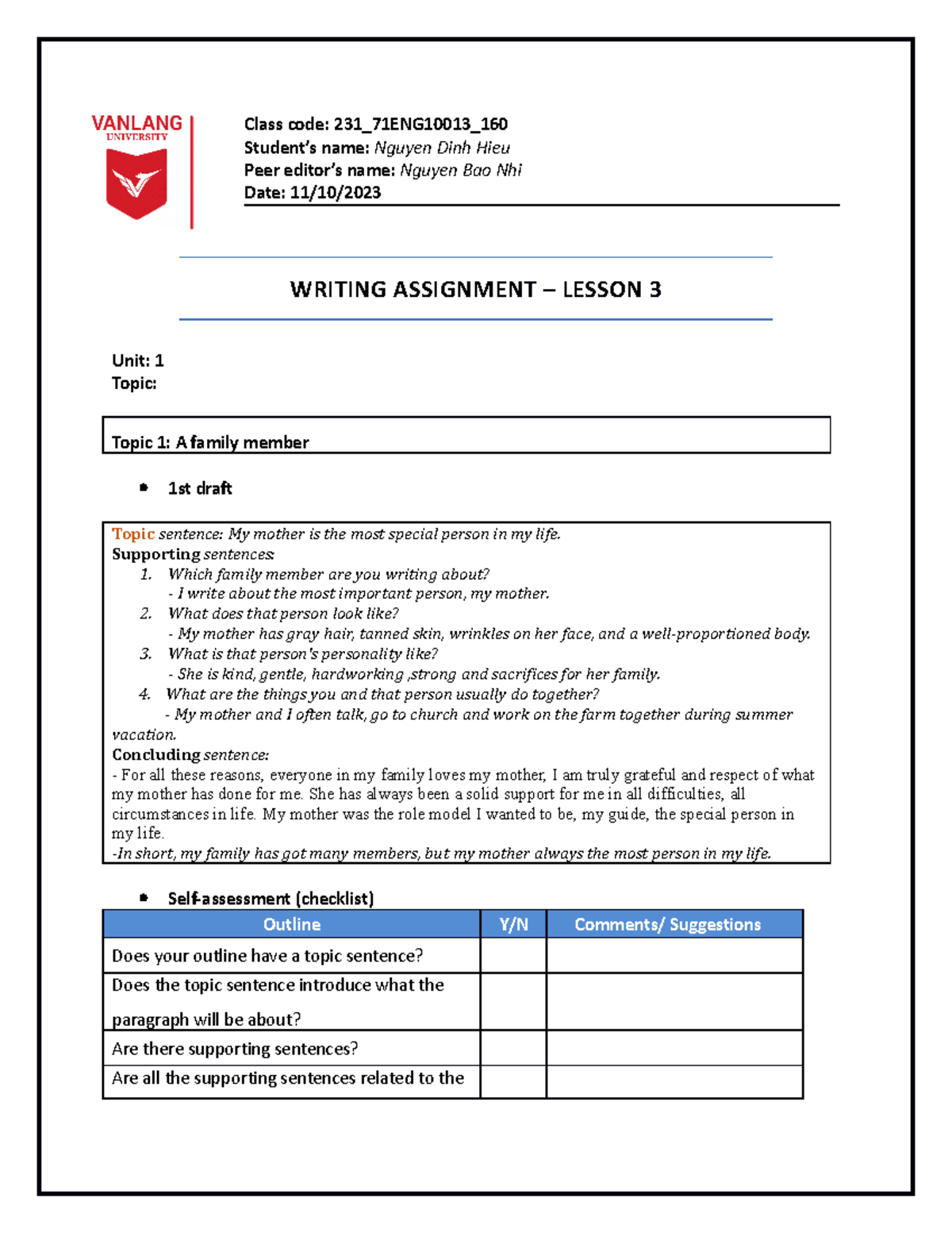 Template Writing assignment lesson 3 - Class code: 231_71ENG10013_ Student’s name: Nguyen Dinh ...
