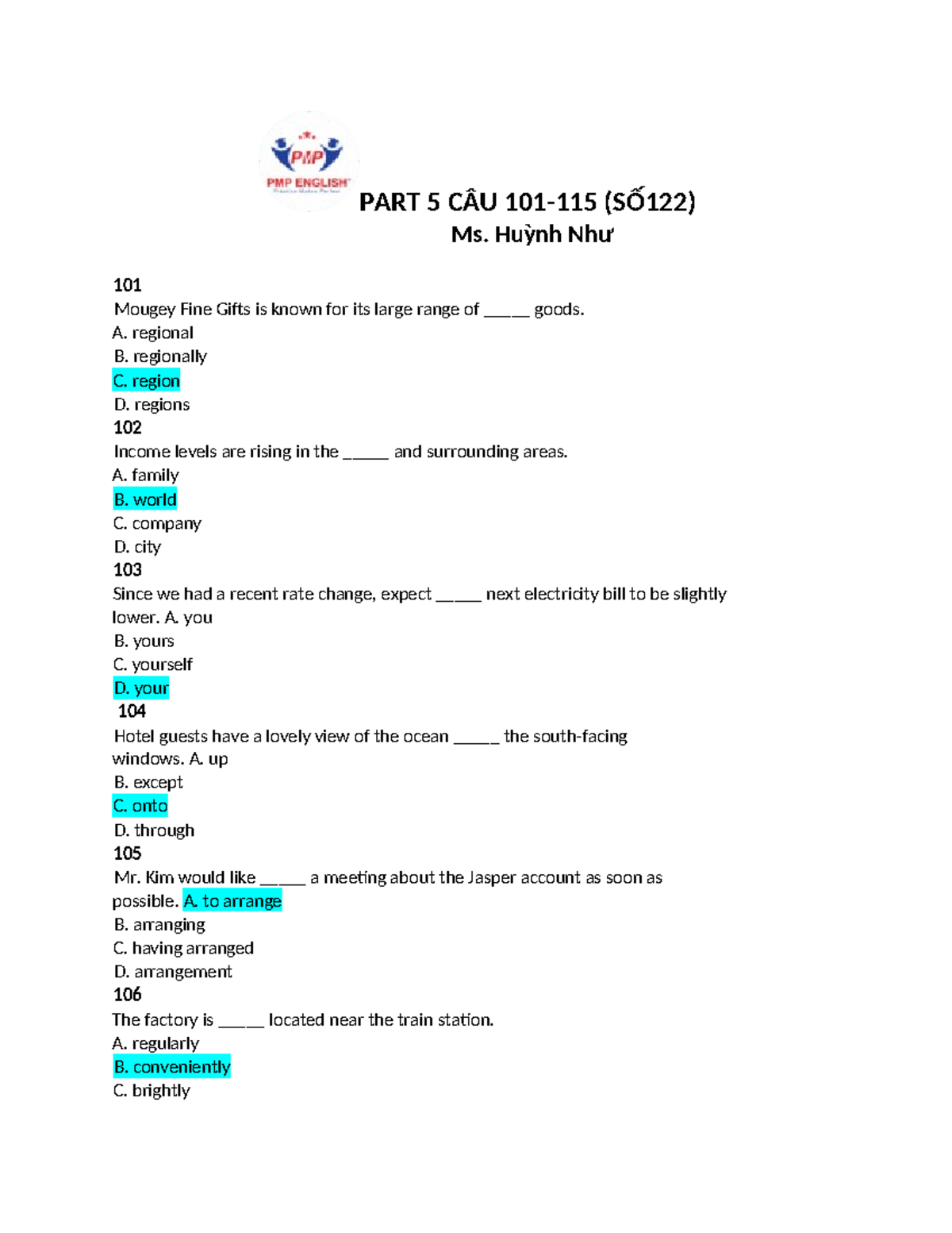 FILE GỐC PART 5 1-15 số 122 - PART 5 CÂU 101-115 (SỐ122) Ms. Huỳnh Như ...