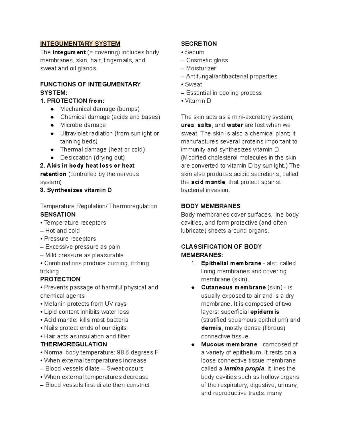 Integumentary System - INTEGUMENTARY SYSTEM The integument (= covering ...
