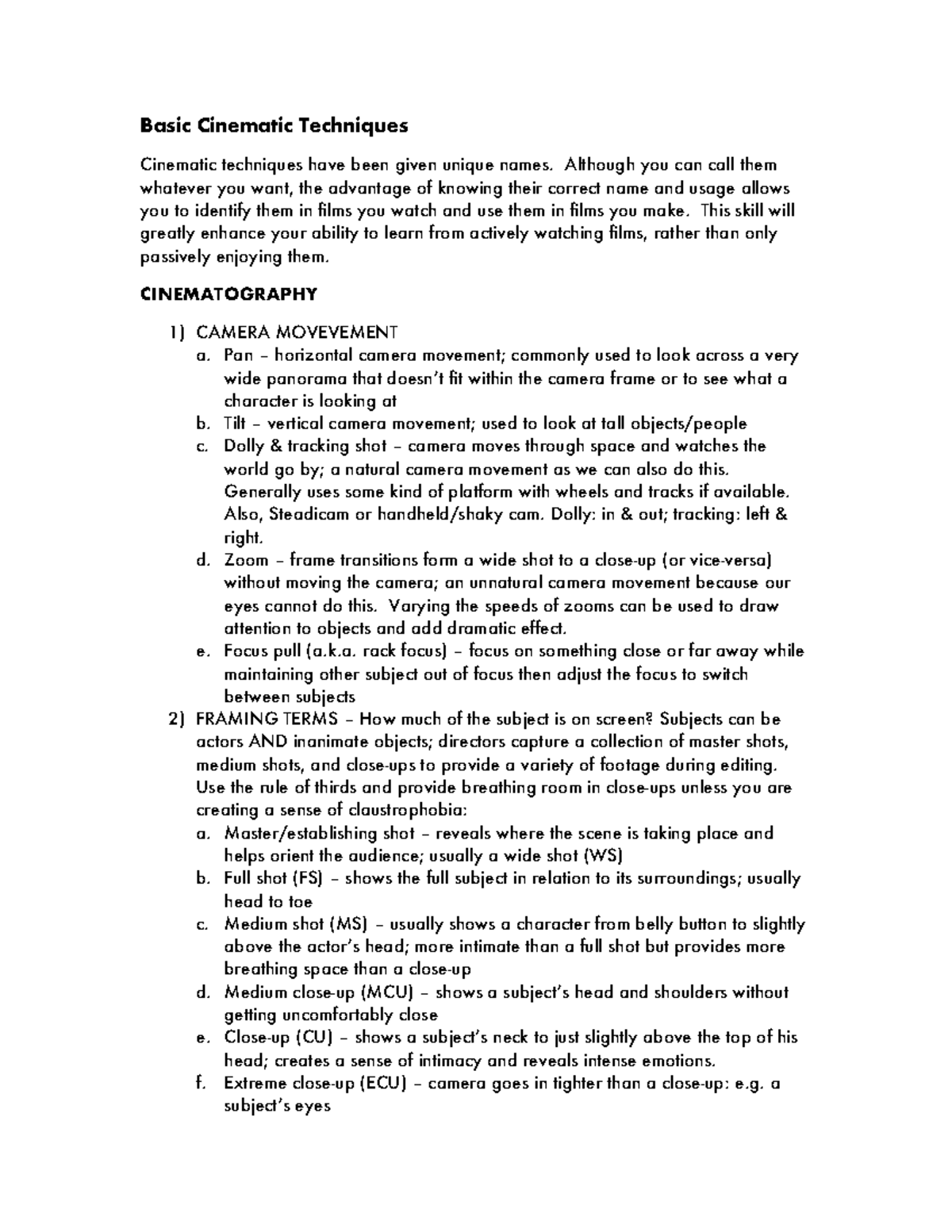 Basic Cinematic Techniques - Studocu