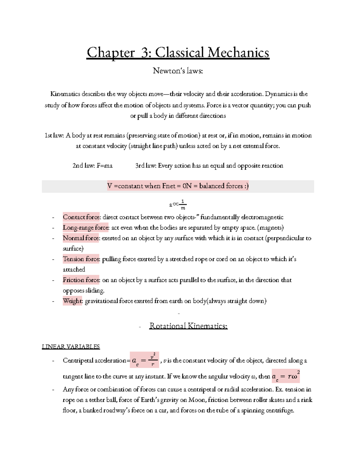 Phys 144 ch.3, 4, and 7 - Chapter 3: Classical Mechanics Newton's laws ...