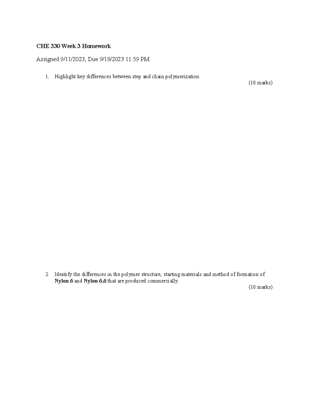 CHE 330 Homework 3 - mimin - CHE 330 Week 3 Homework Assigned 9/11/2023 ...