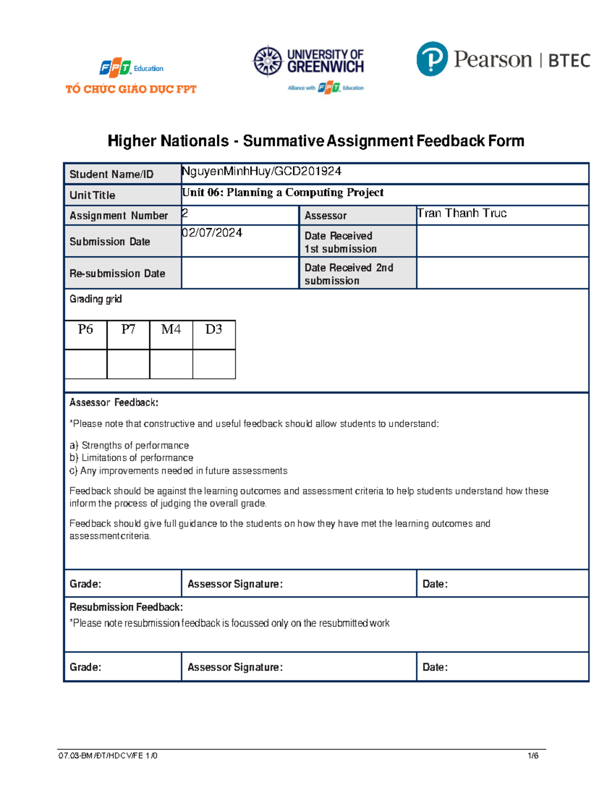 Nguyen Minh Huy GCD2019 24 ASM2 1639 - Higher Nationals - Summative Assignment Feedback Form ...