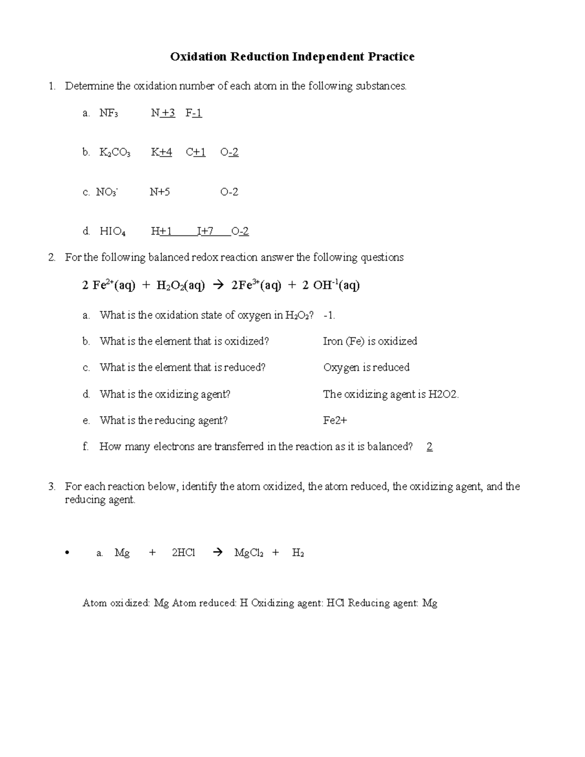 Redox Reactions PIB Independent Practice - Oxidation Reduction ...
