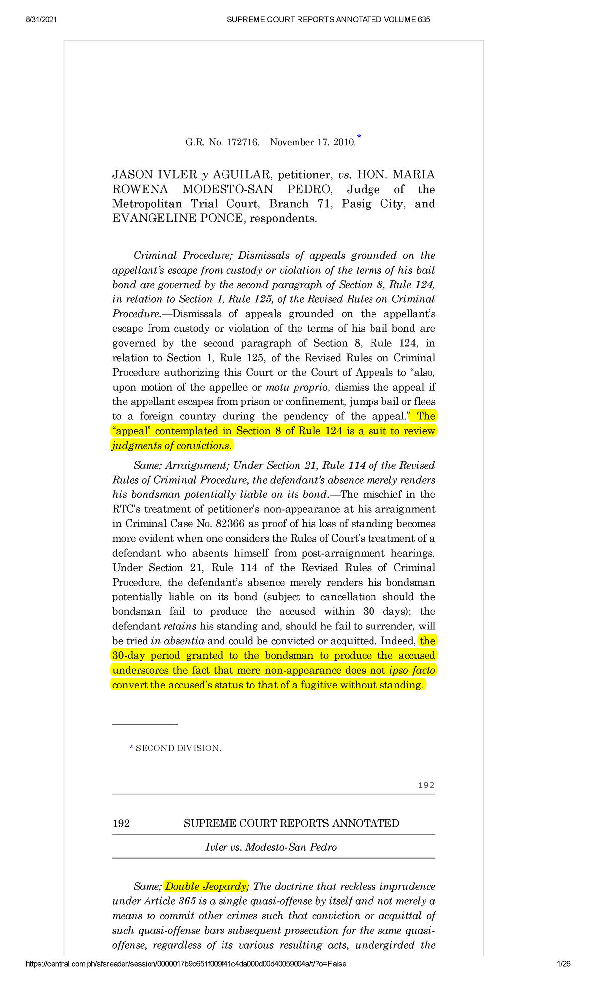 Ivler vs. Modesto-San Pedro - G. No. 172716. November 17, 2010.* JASON ...