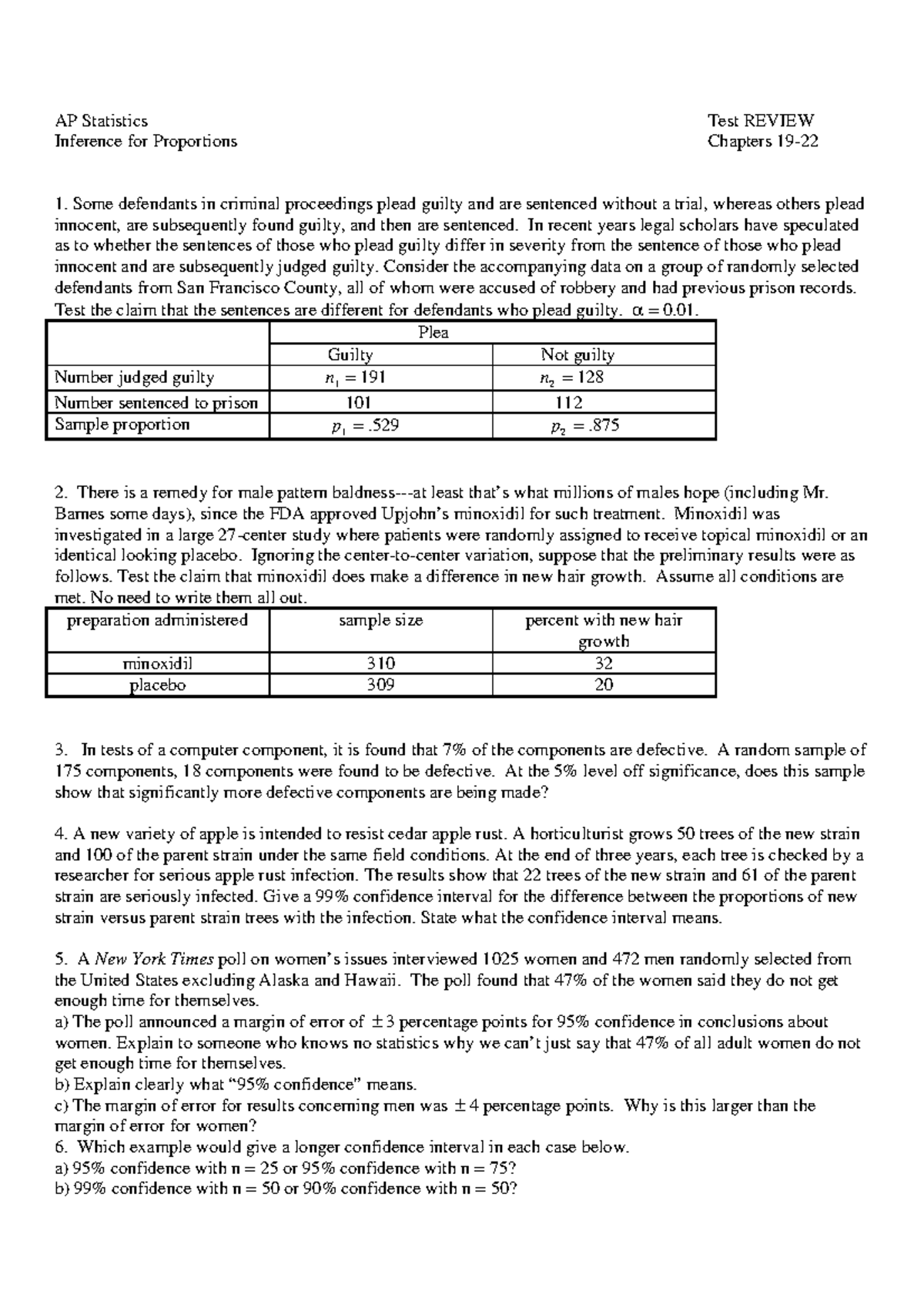 Review questions statistics, H19-22 - AP Statistics Test REVIEW ...