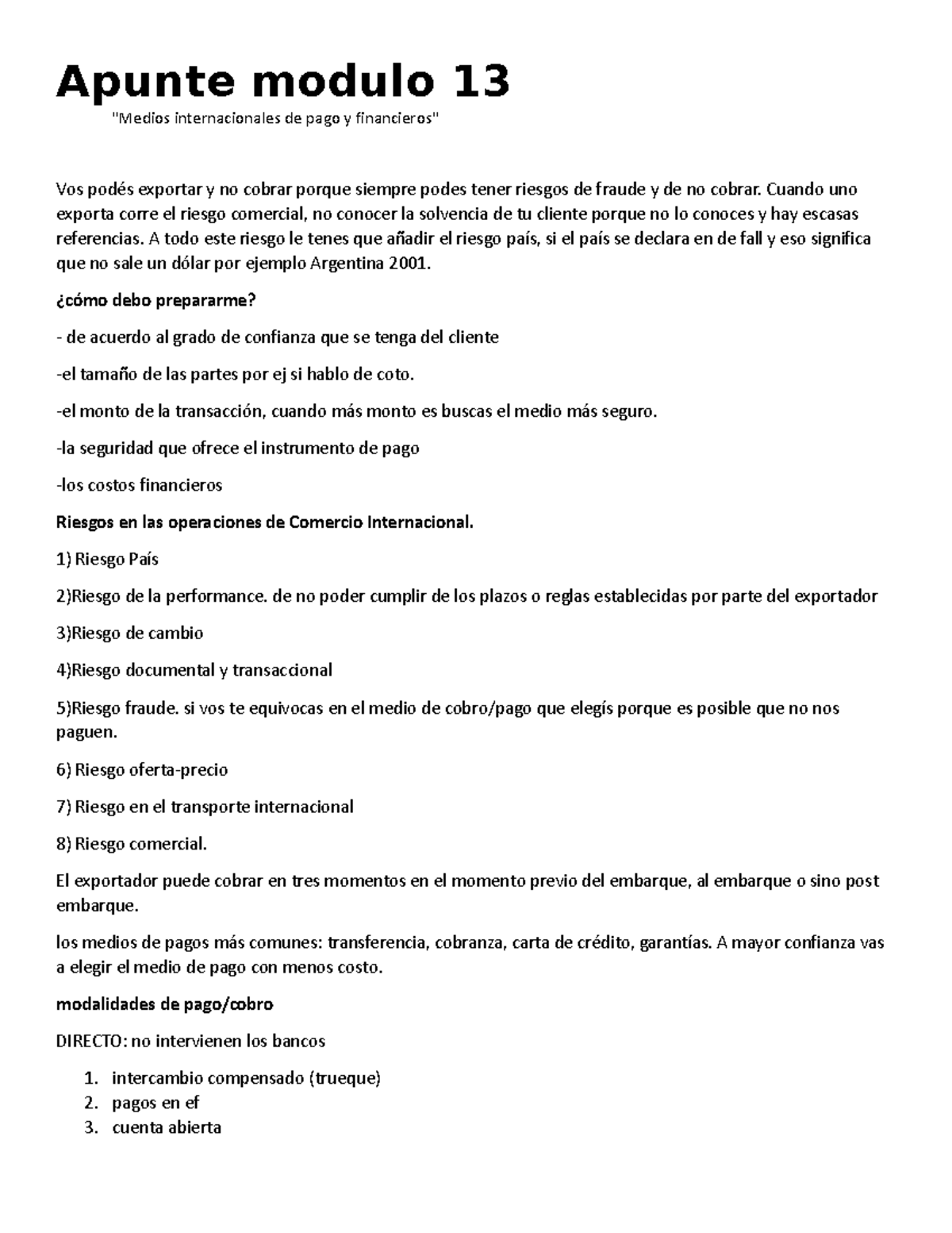 Apunte modulo 13 - eee - Apunte modulo 13 "Medios internacionales de pago y financieros" - Studocu