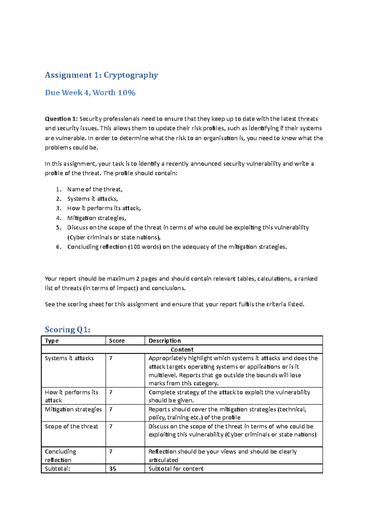 Assignment 1 2019 - assignmnet - Assignment 1: Cryptography Due Week 4, Worth 10% Question 1 ...