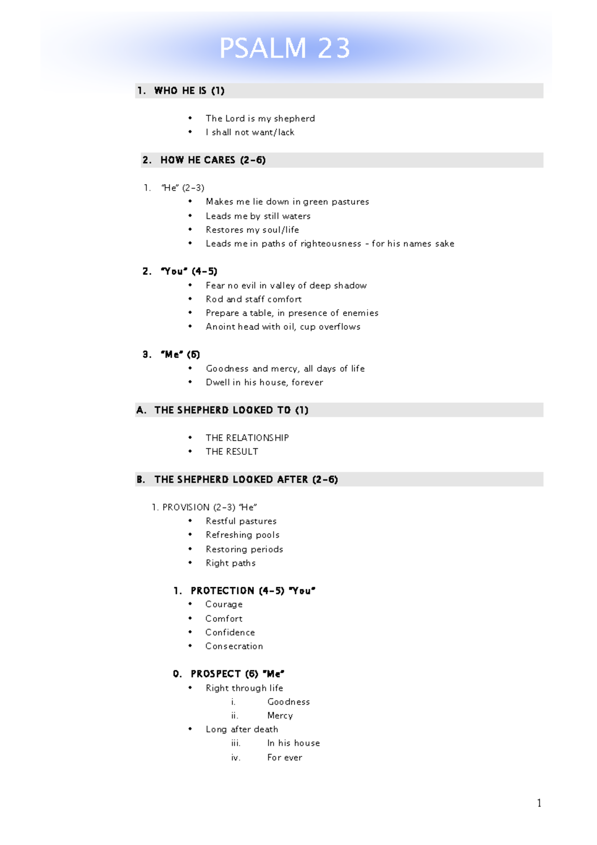 A Preachers Legacy Notes - PSALM 23 ####### 1. WHO HE IS ( 1 ) The Lord ...