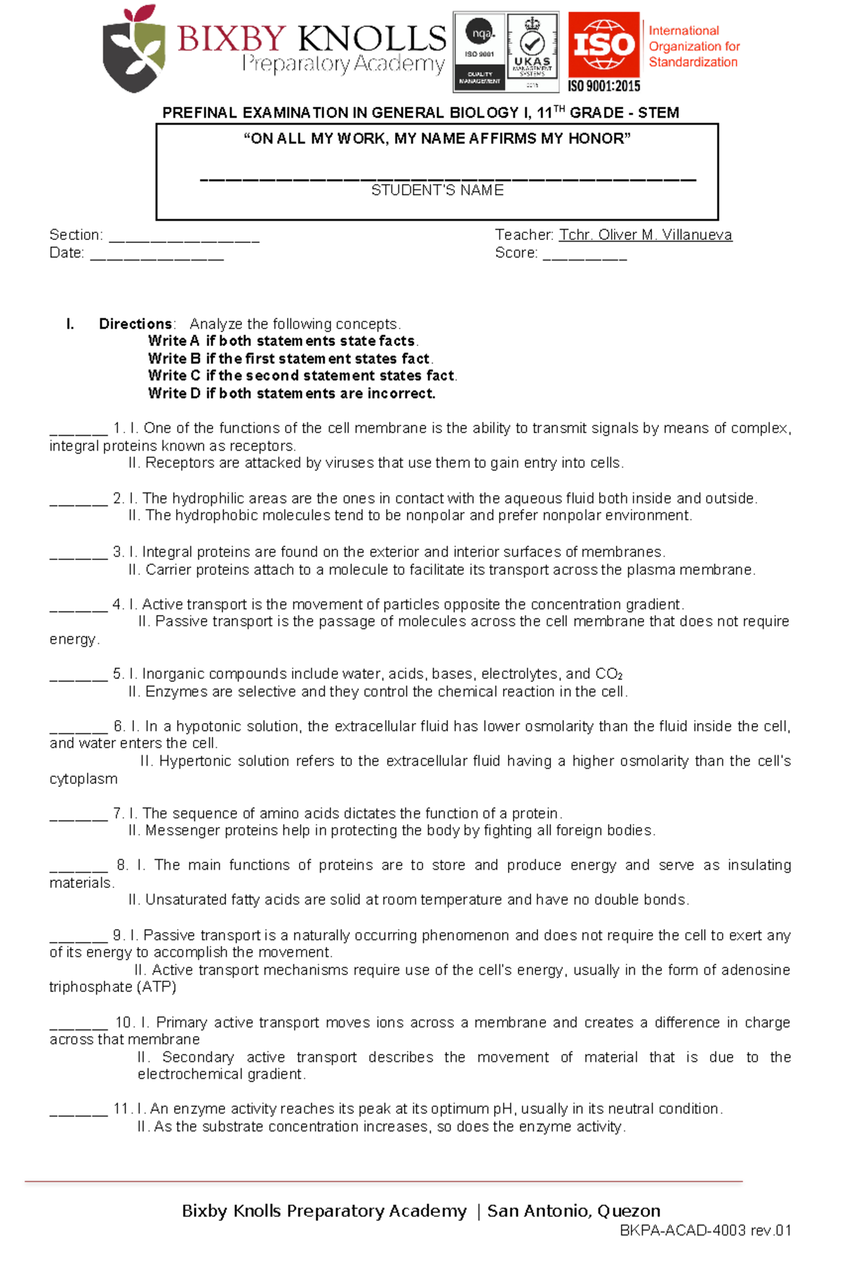 Gen.Bio1NM-Prefinal Exam-24-25 Revised - PREFINAL EXAMINATION IN GENERAL BIOLOGY I, 11TH GRADE ...