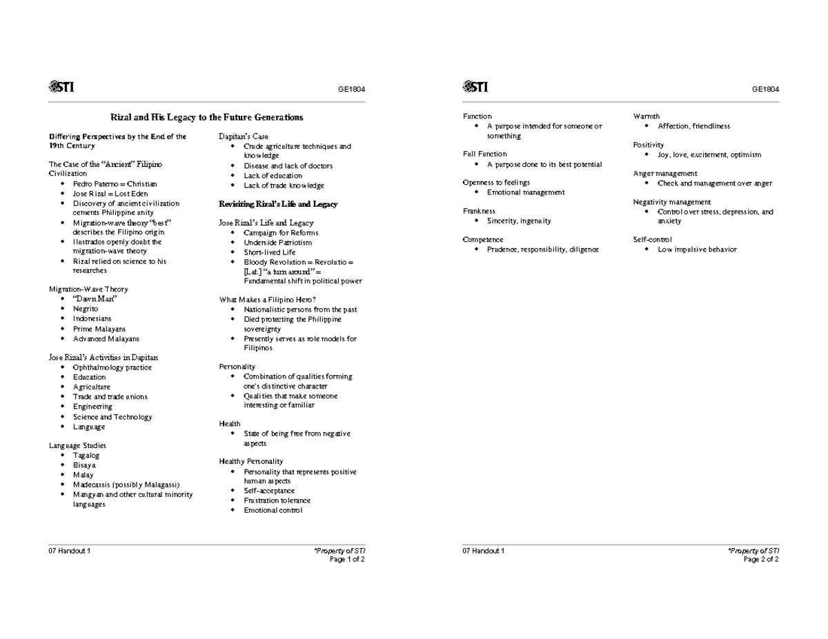 07 Handout 2 - sdswad - GE 07 Handout 1 *Property of STI Page 1 of 2 Rizal and His Legacy to the ...