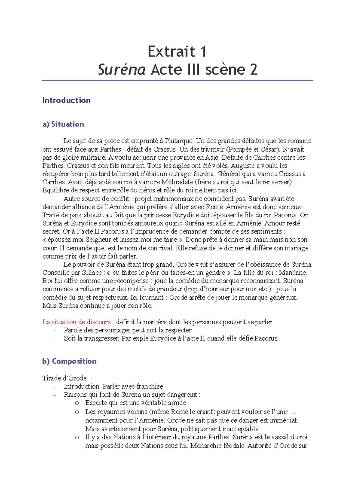 Fiche - Corneille, Suréna, Acte III, Scène 2 - Extrait 1 Suréna Acte ...
