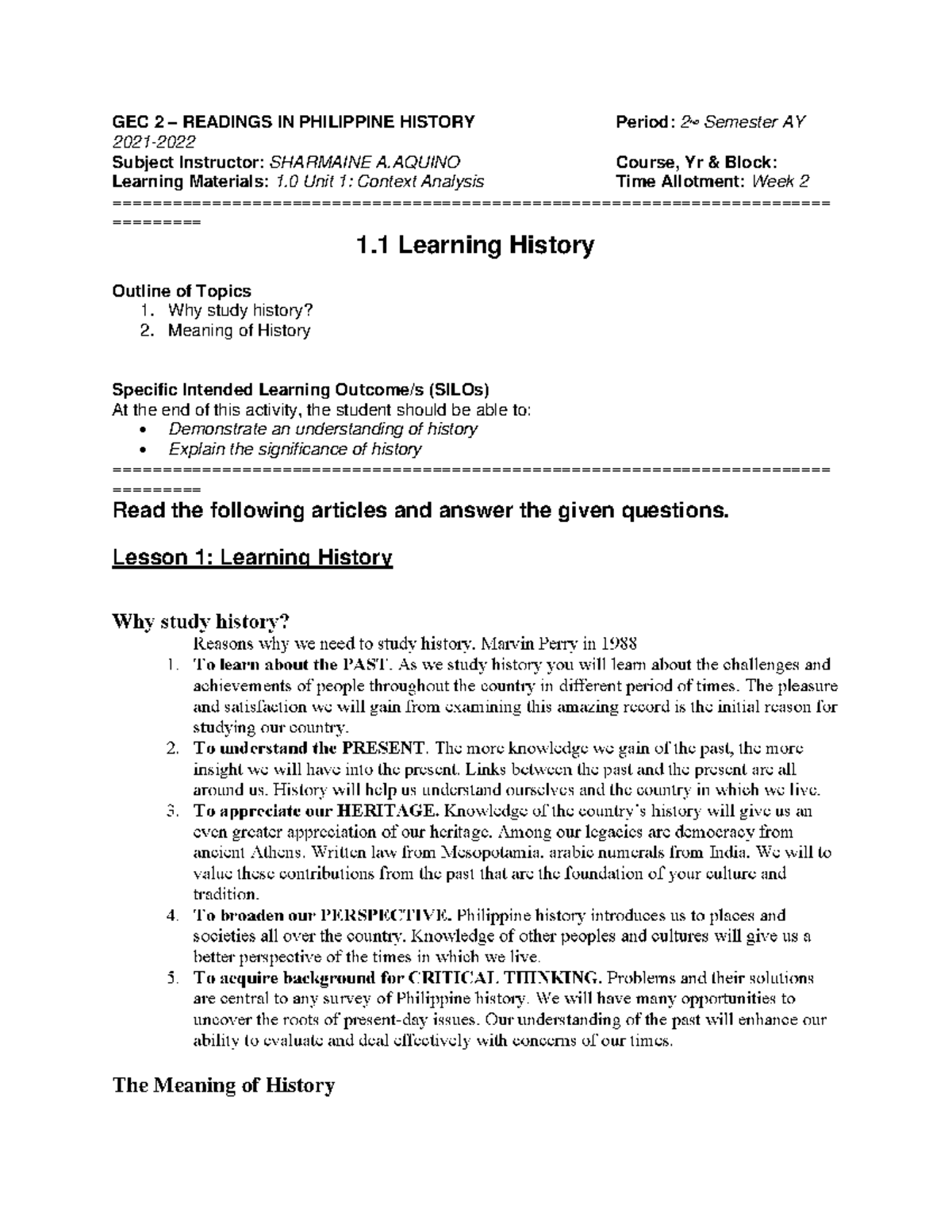1.1 Learning History - Lecture notes 1 - college of education - Studocu