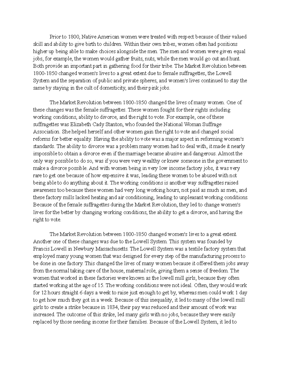 Market Revolution LEQ - Prior to 1800, Native American women were ...