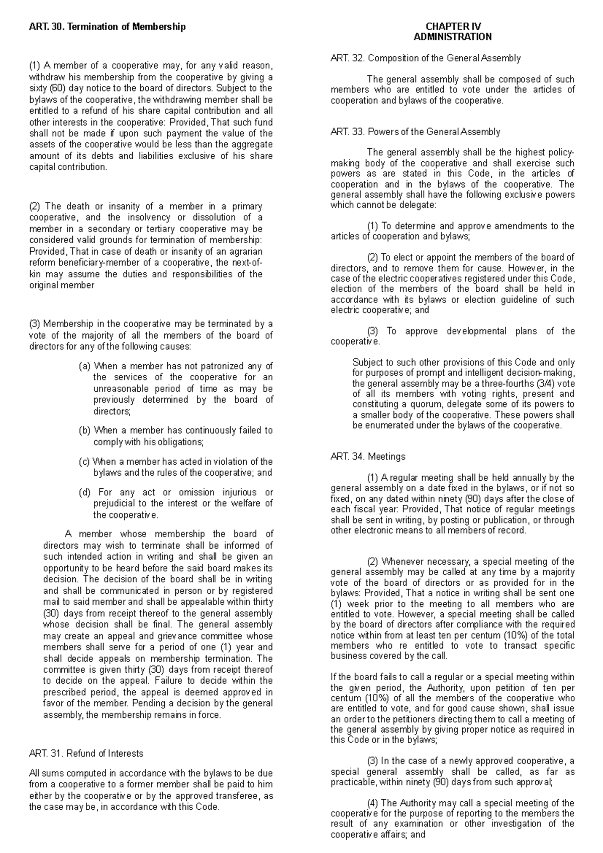 Cooperative Management - ART. 30. Termination of Membership (1) A ...