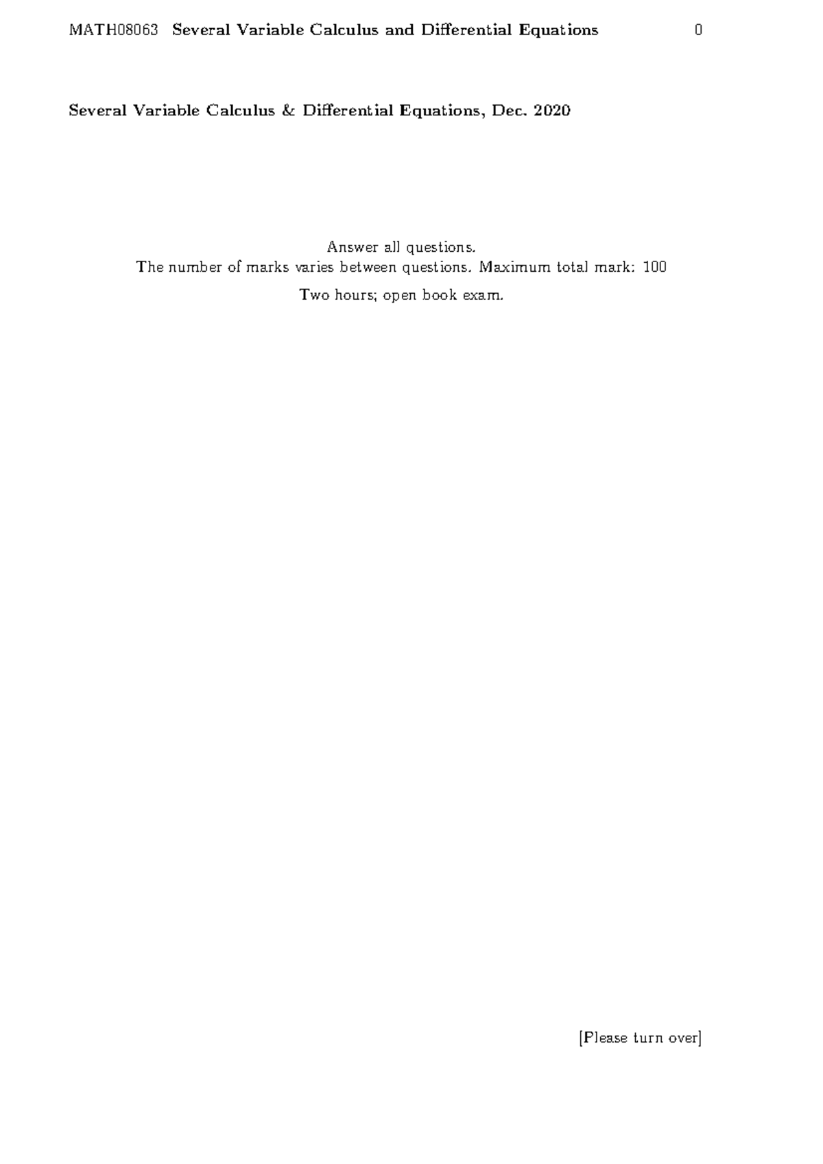 Dec20 prob - past paper - Several Variable Calculus & Differential Equations, Dec. 2020 The ...