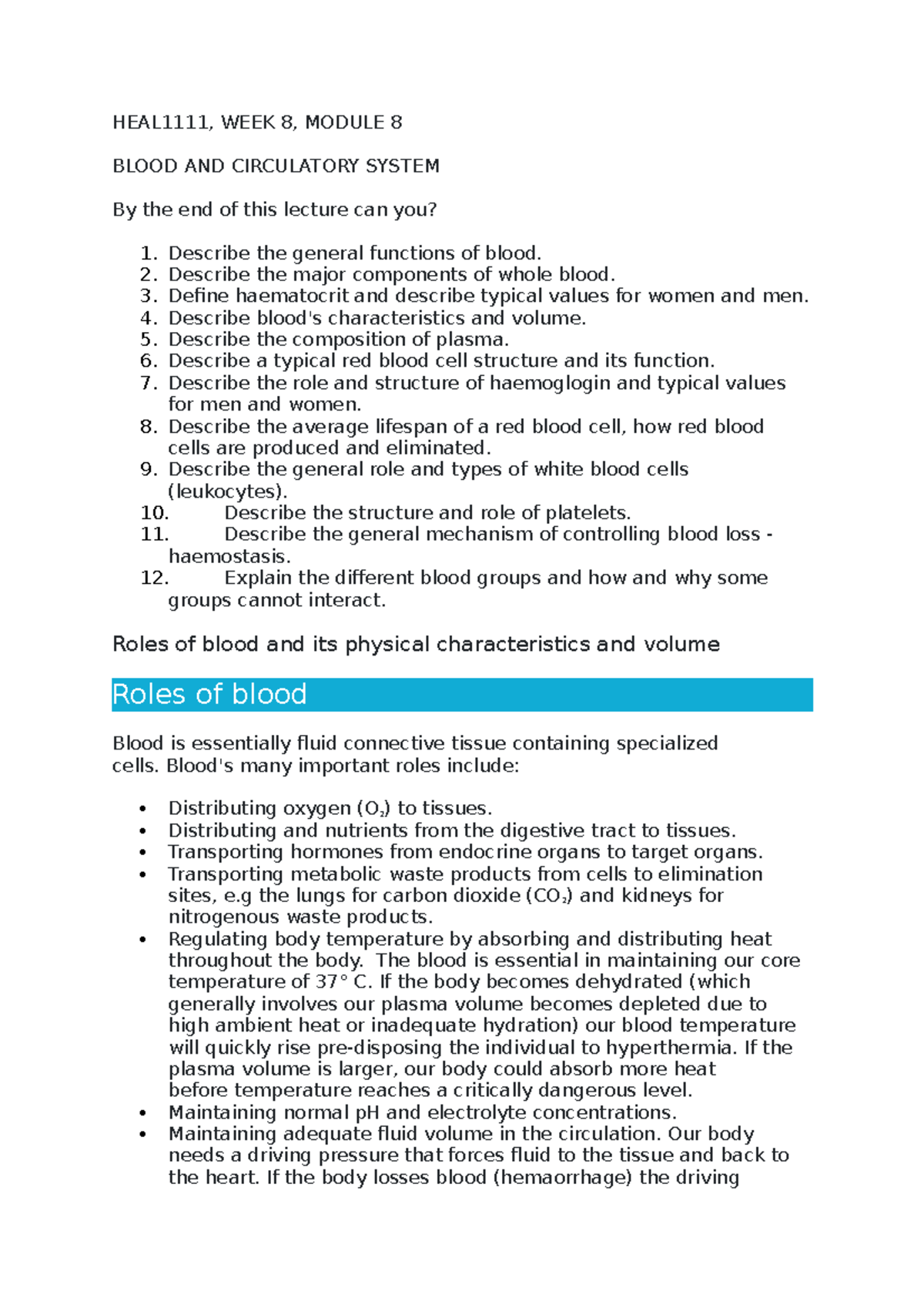 HEAL1111 W8,M8 - Lecture notes 8 - HEAL1111, WEEK 8, MODULE 8 BLOOD AND ...