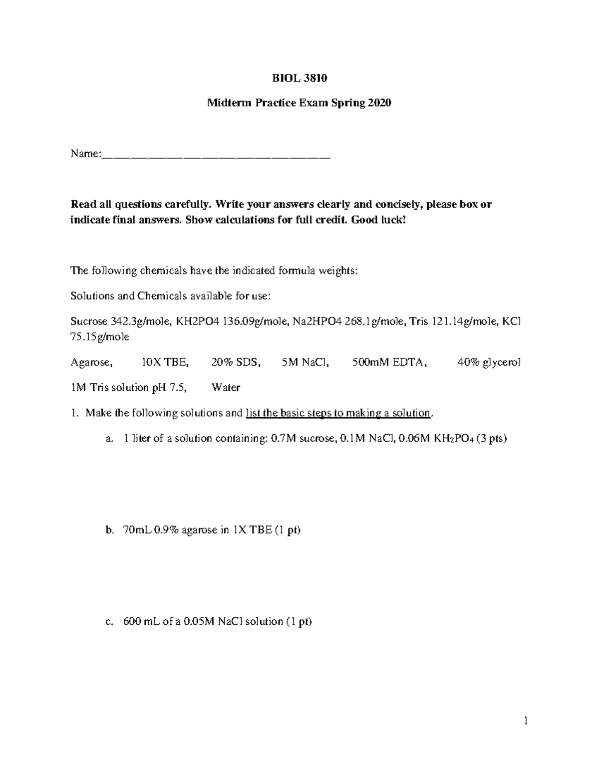 Midterm Practice Exam Sp20 - Warning: TT: undefined function: 32 BIOL 3810 Midterm Practice Exam ...