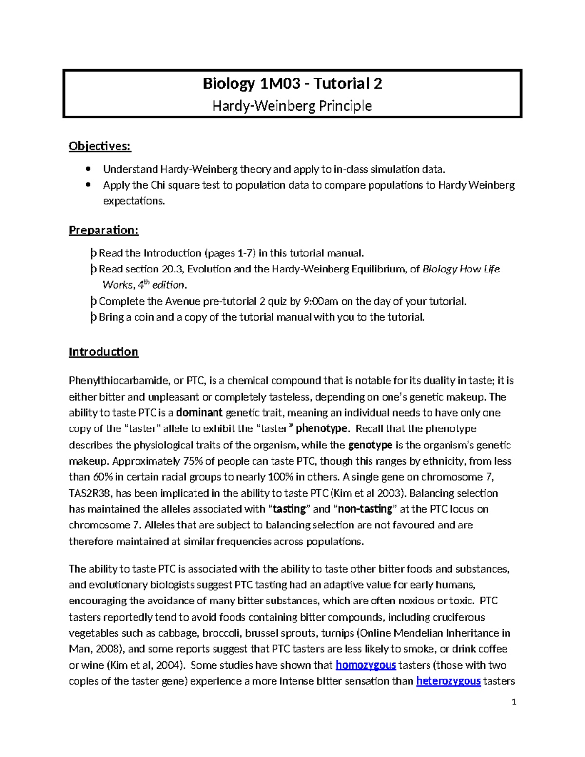 Tutorial 2 HWE W24 - Biology 1M03 - Tutorial 2 Hardy-Weinberg Principle Objectives: Understand ...