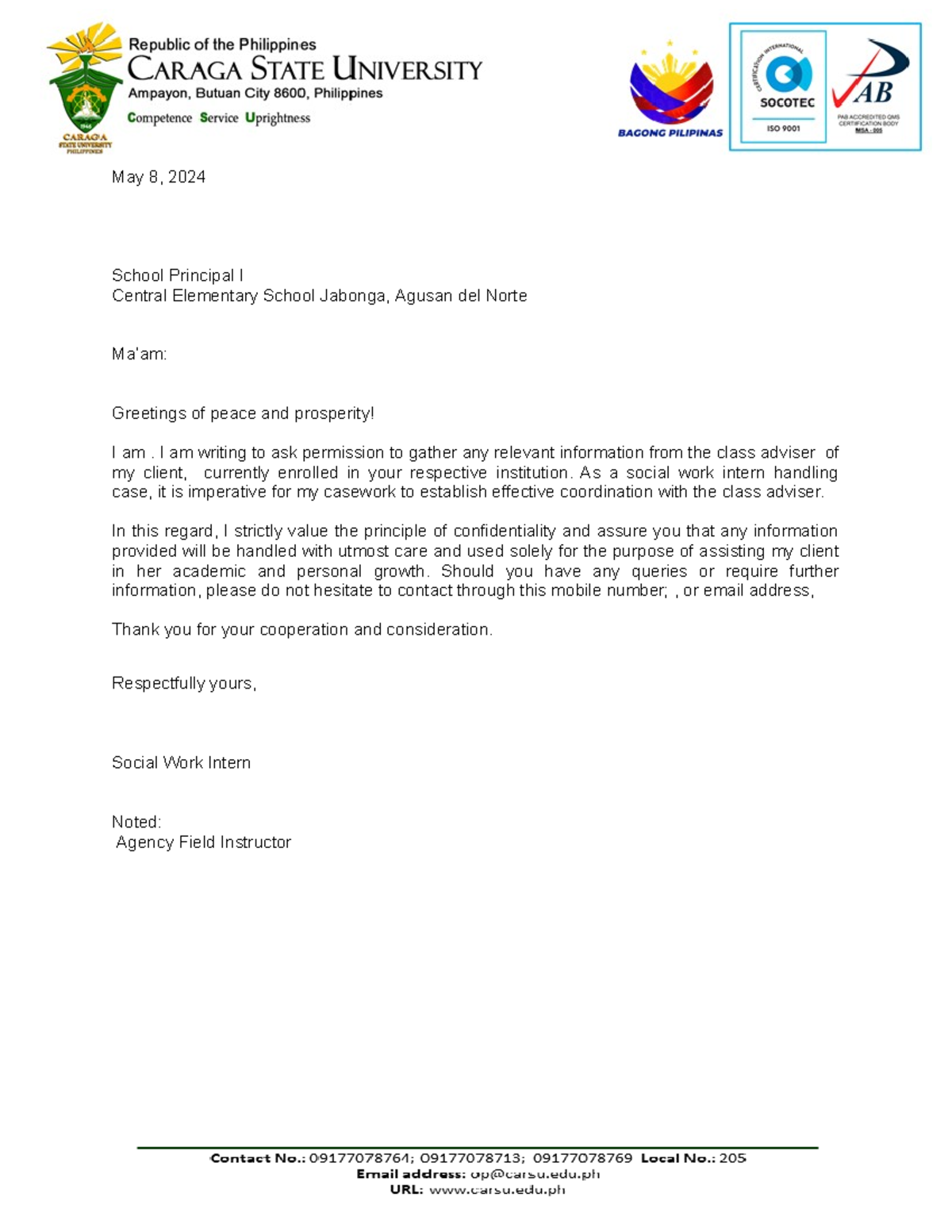Communication letter - May 8, 2024 School Principal I Central ...