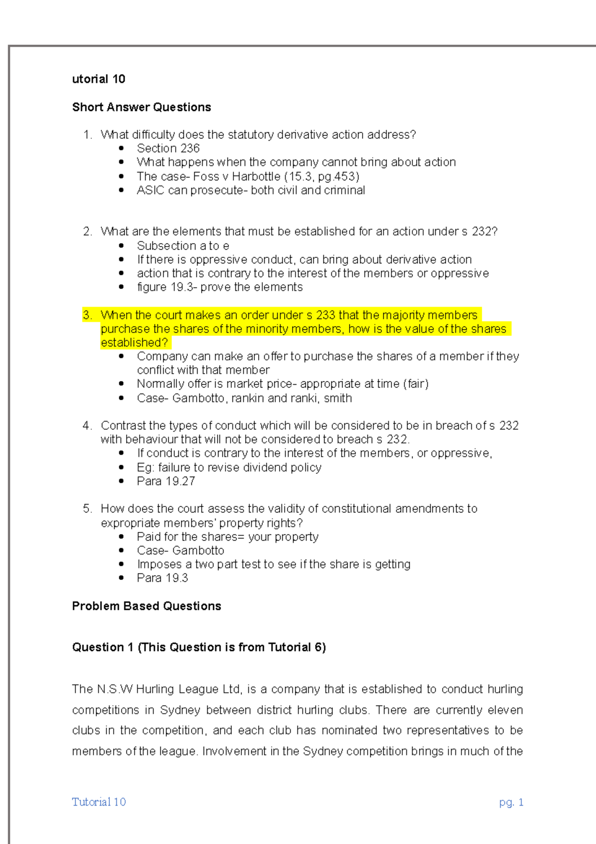 Tutorial 10 - tute 10 - utorial 10 Short Answer Questions What ...