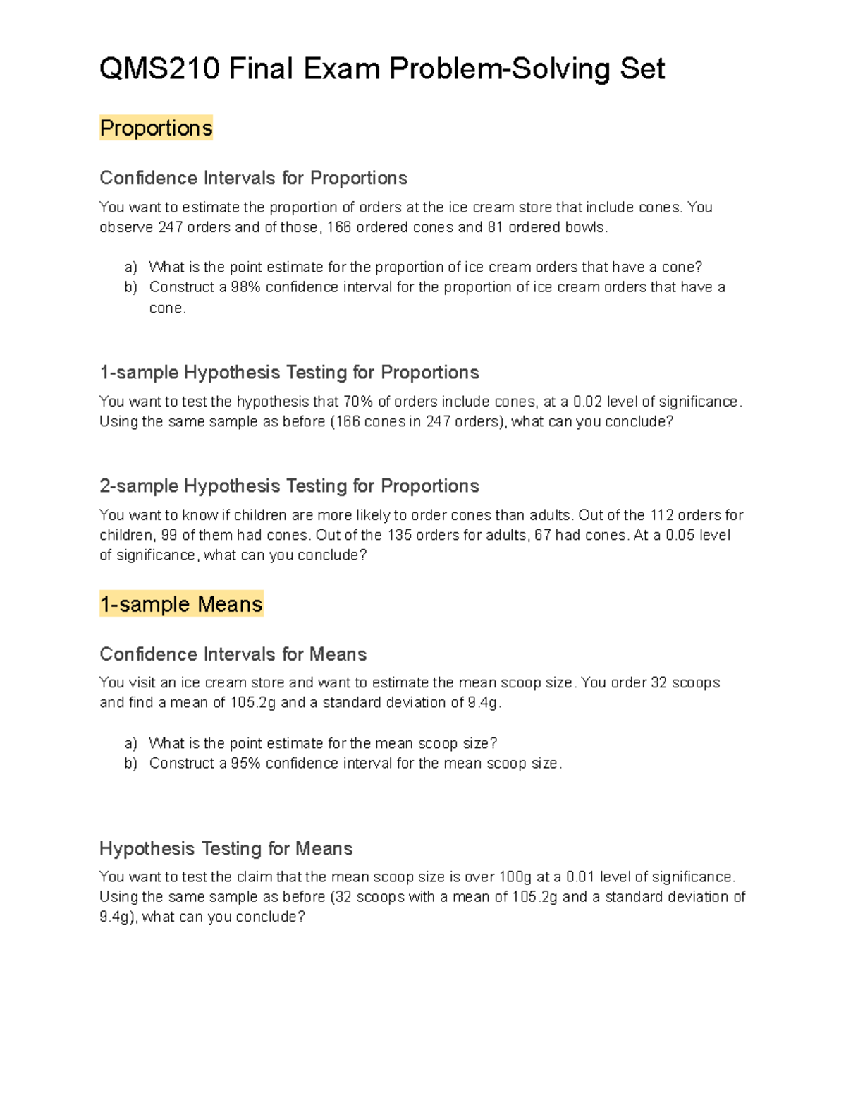 QMS210 Final Exam Problem-Solving Session - QMS210 Final Exam Problem-Solving Set Proportions ...