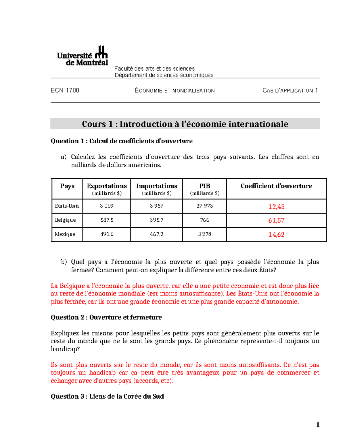 Exercices Cours 1 - intro à l'économie globale - Faculté des arts et ...