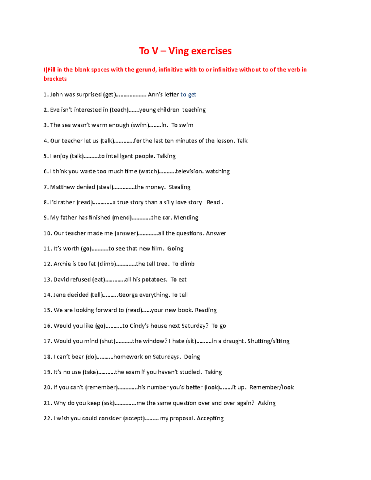 To V - Ving bài tập - Avcb - To V – Ving exercises I)Fill in the blank ...