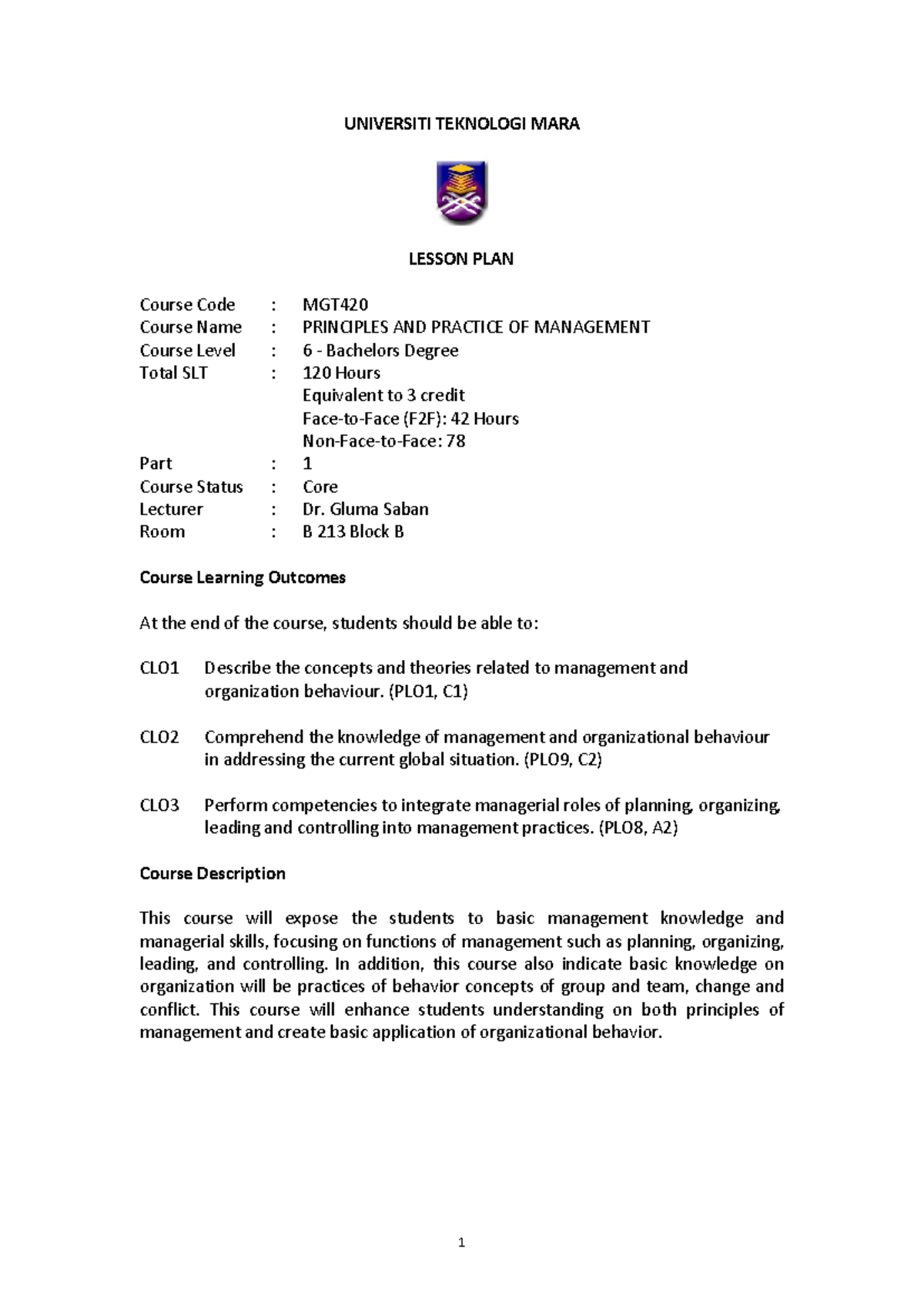 MGT 420 Lesson PLAN OCT24-FEB25 - UNIVERSITI TEKNOLOGI MARA LESSON PLAN ...