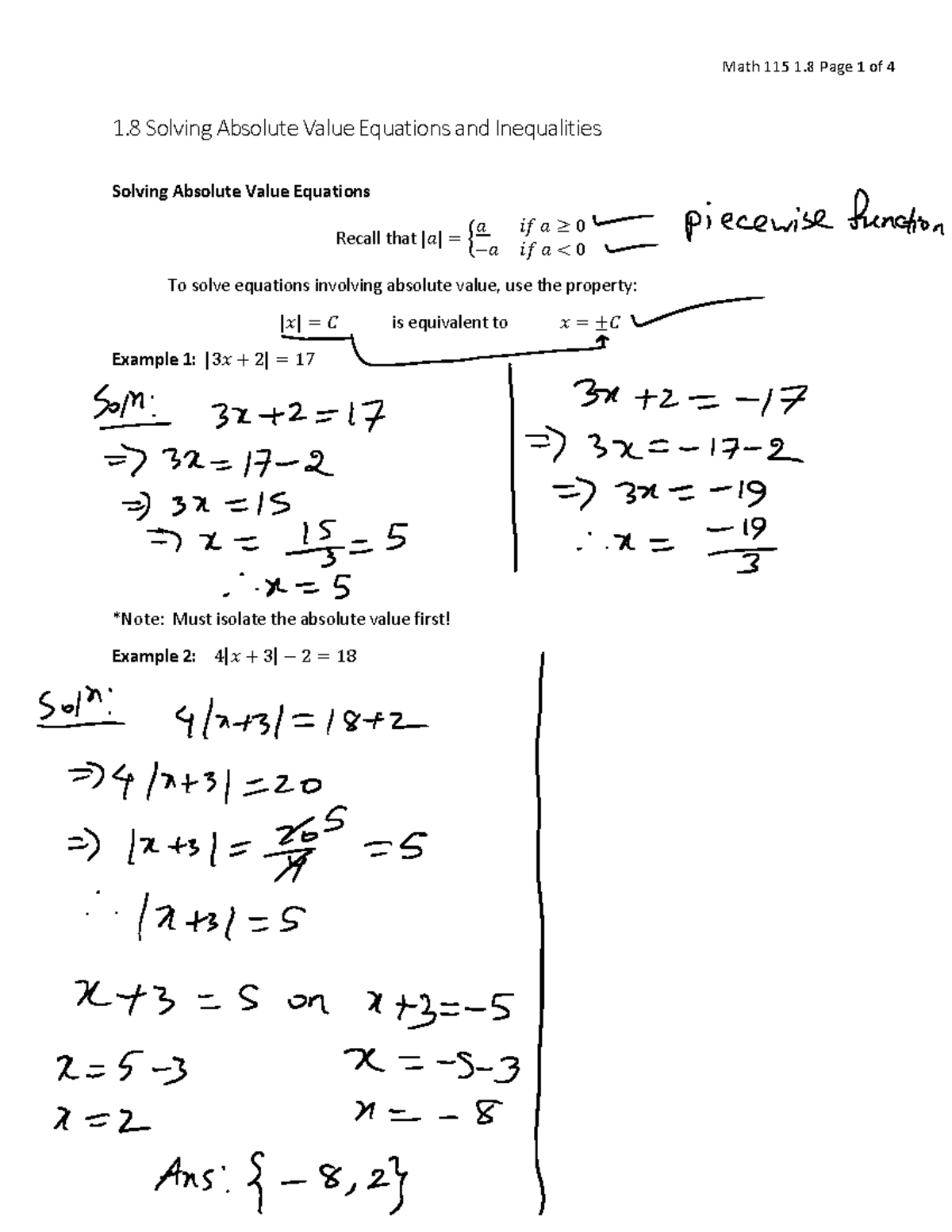 1.8 Solving Abs Val Eqs pdf - 1 Solving Absolute Value Equations and ...