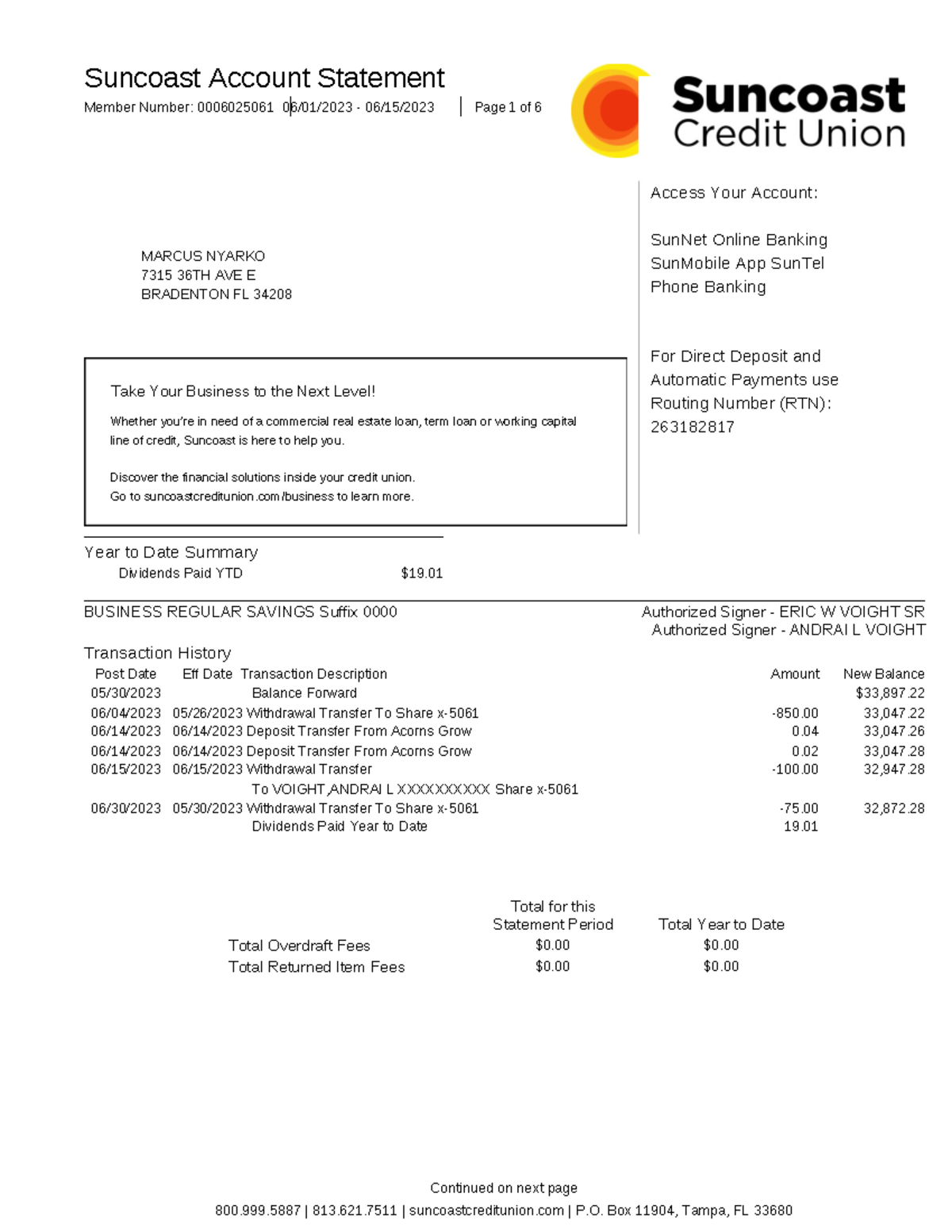 Suncoast Statement - Suncoast Account Statement Member Number ...