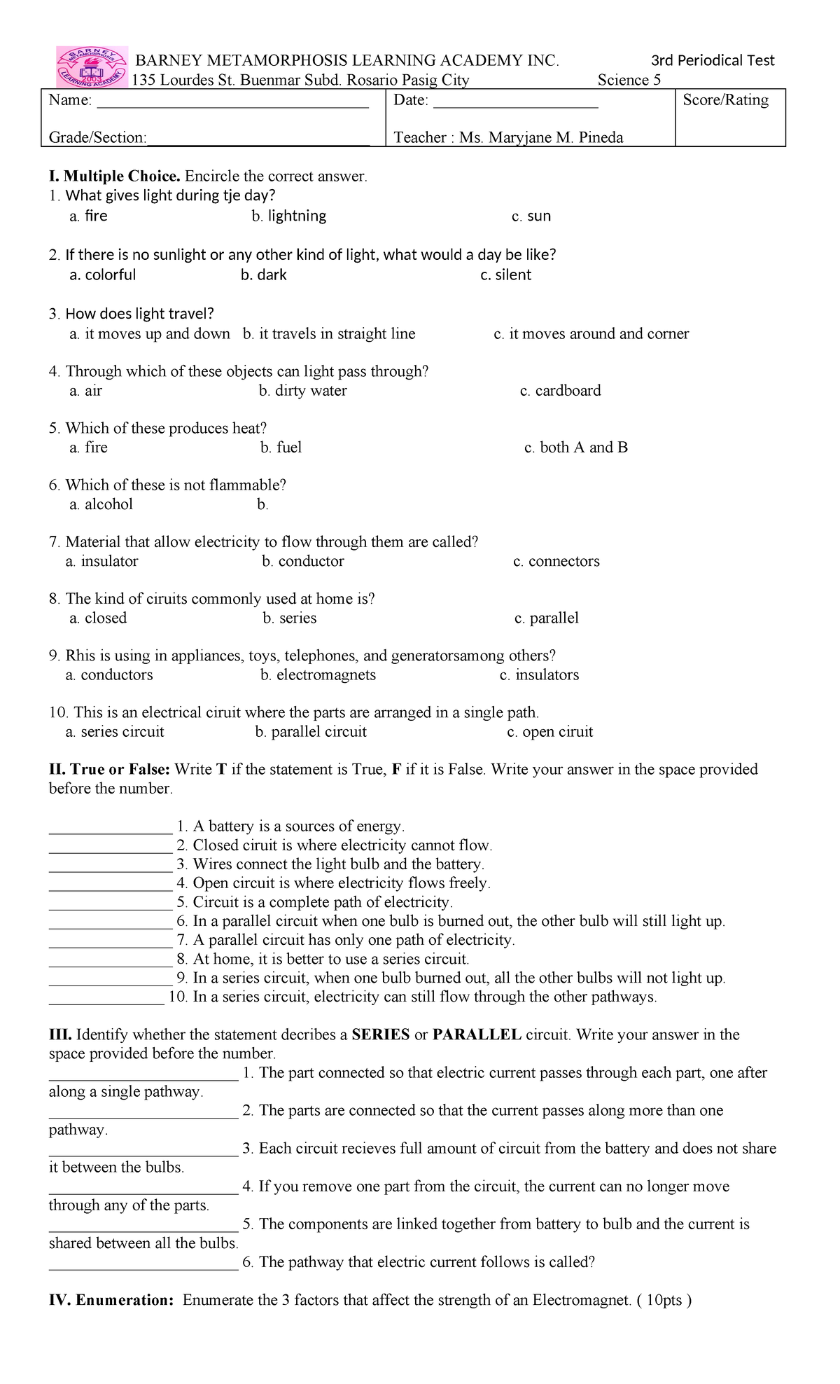 3rd Monthly Test Science 3 - BARNEY METAMORPHOSIS LEARNING ACADEMY INC ...