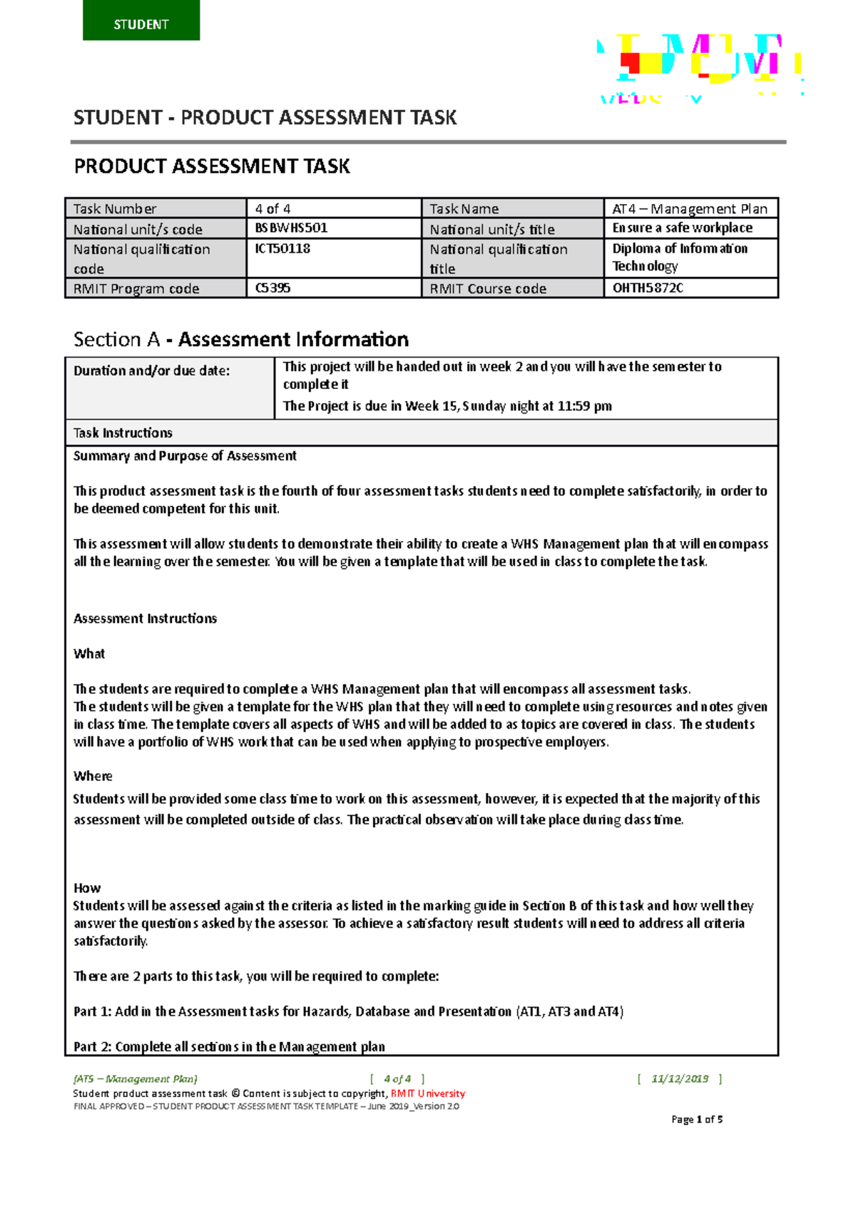 WHS Management Plan Bsbwhs 501 Ass4 Student 021219 - STUDENT - PRODUCT ASSESSMENT TASK PRODUCT ...