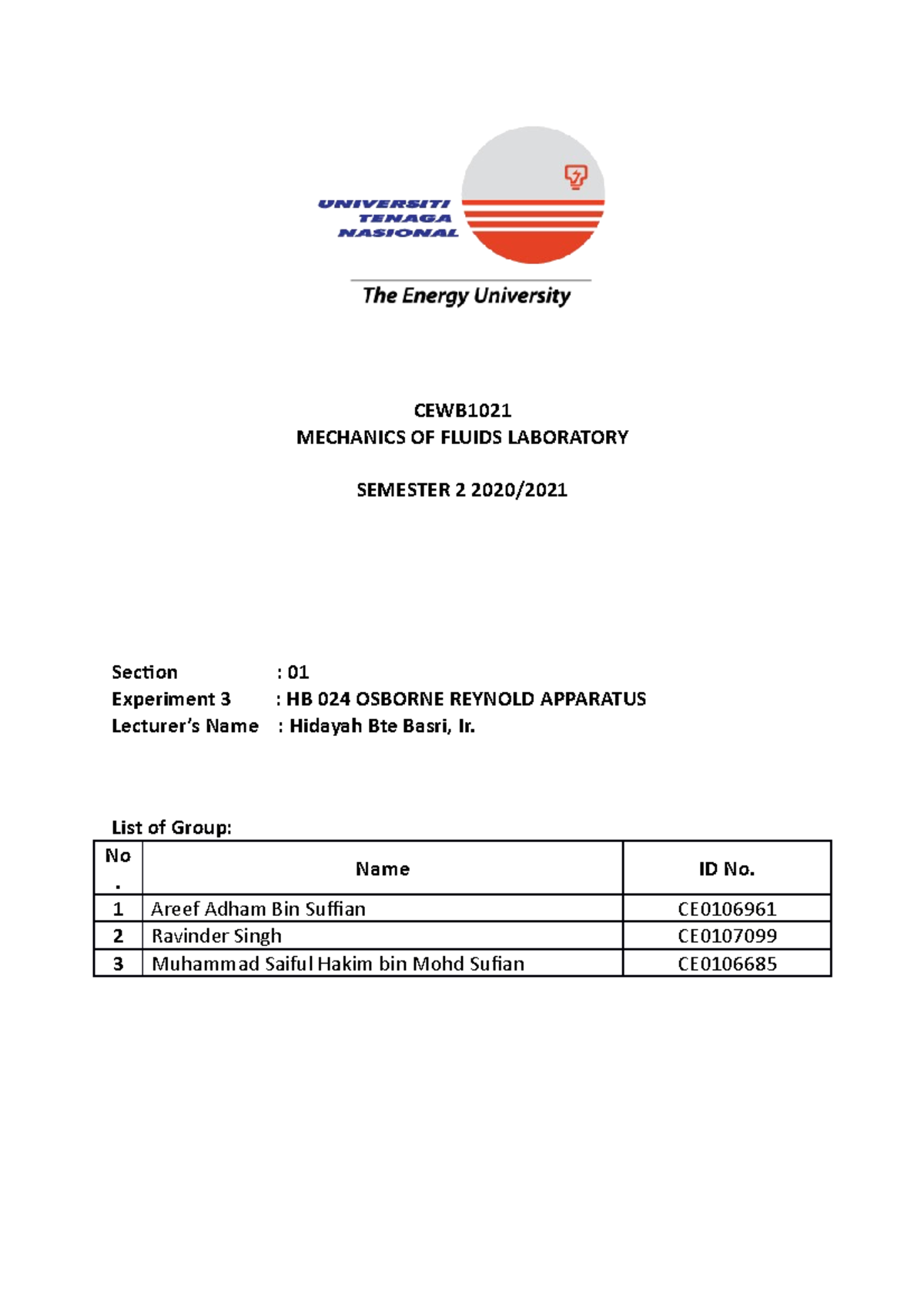 osborne reynolds apparatus lab report - CEWB MECHANICS OF FLUIDS ...