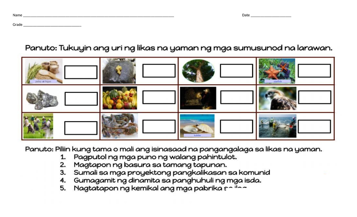 Grade 4 activity 2 - Name Date Grade Panuto: Tukuyin ang uri ng likas na yaman ng mga sumusunod ...