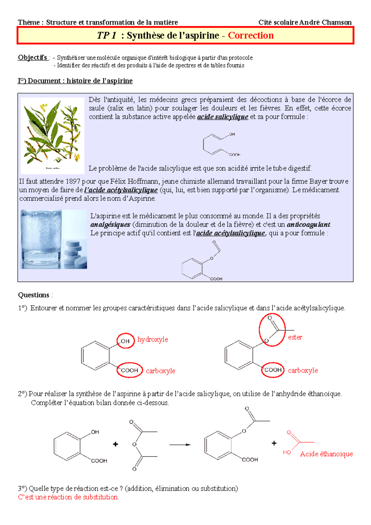 Tp aspirine - Thème : Structure et transformation de la matière Cité scolaire André Chamson TP 1 ...