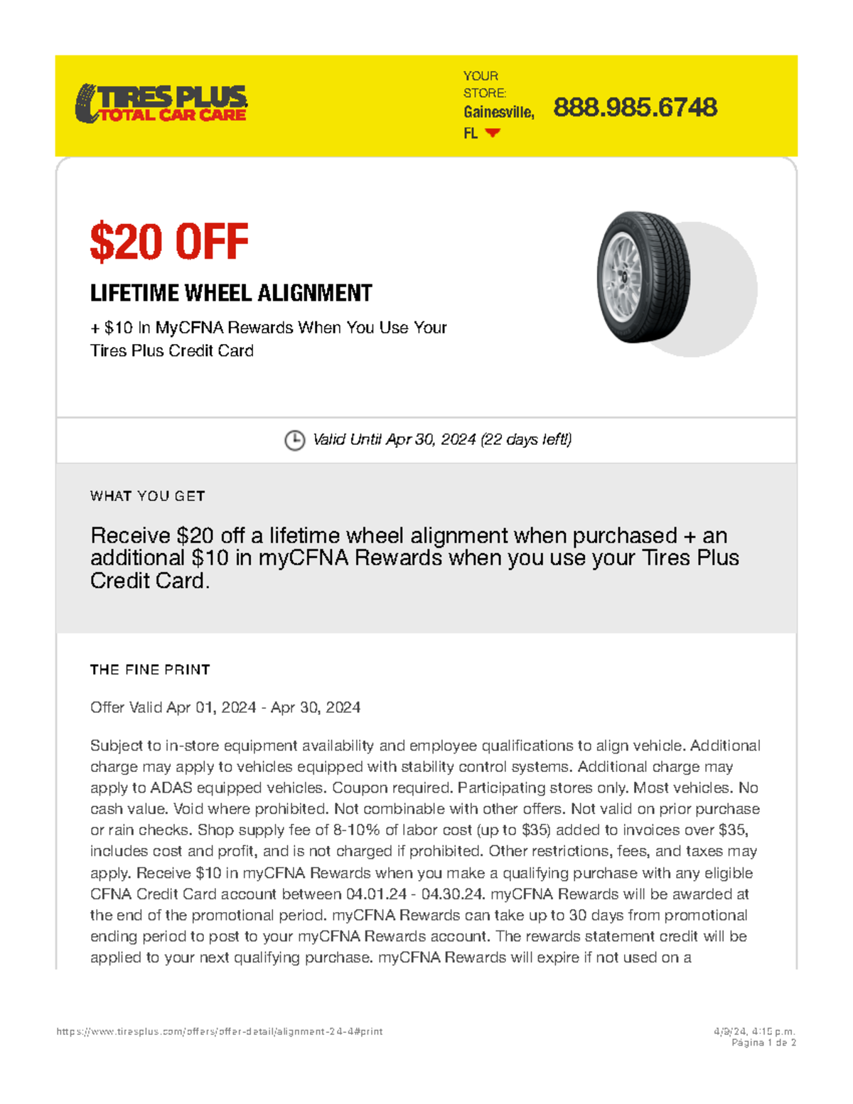 Offer detail page in HTML Tires Plus - $20 OFF LIFETIME WHEEL ALIGNMENT ...