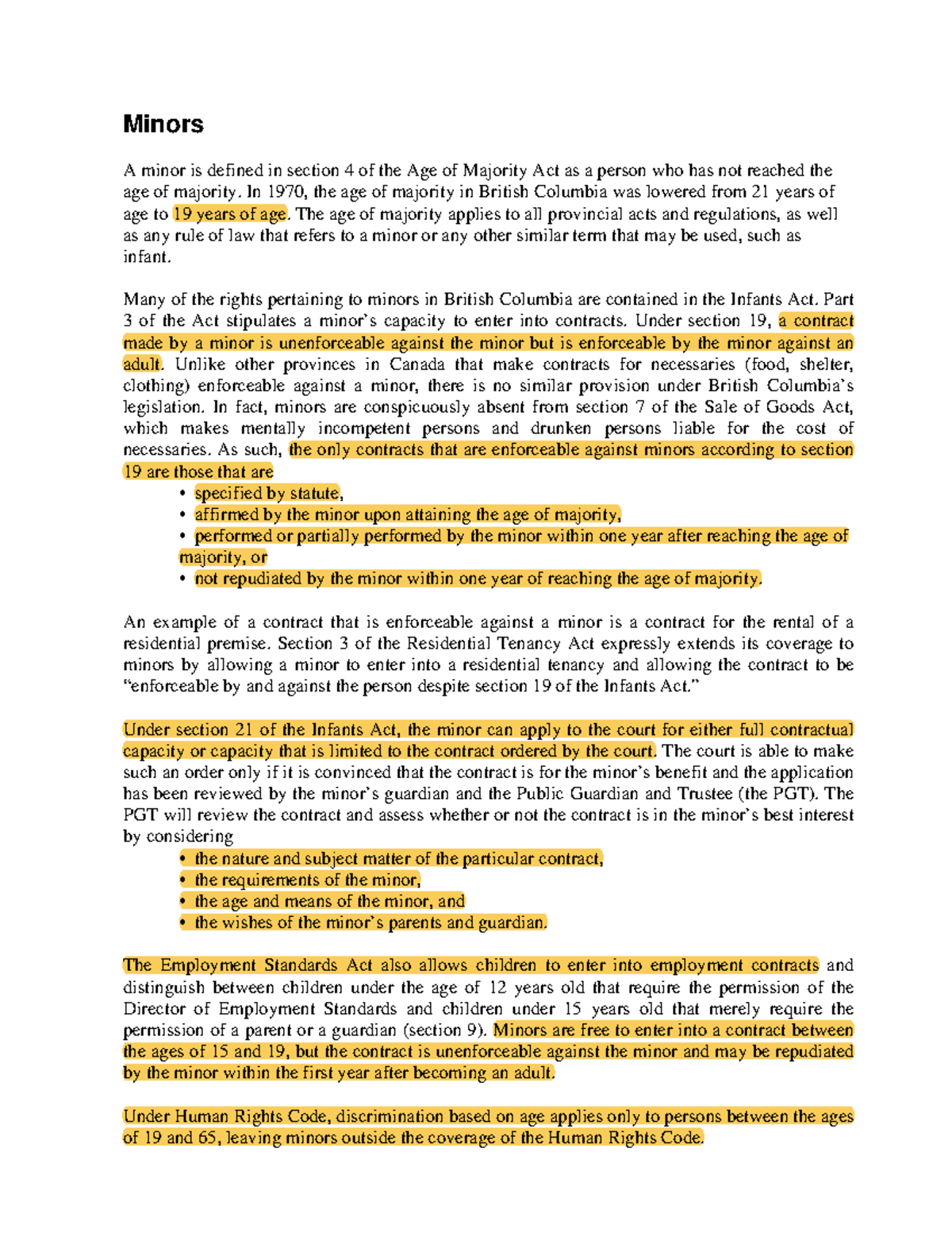 BC Factors Affecting Contracts Minors - Minors A minor is defined in ...