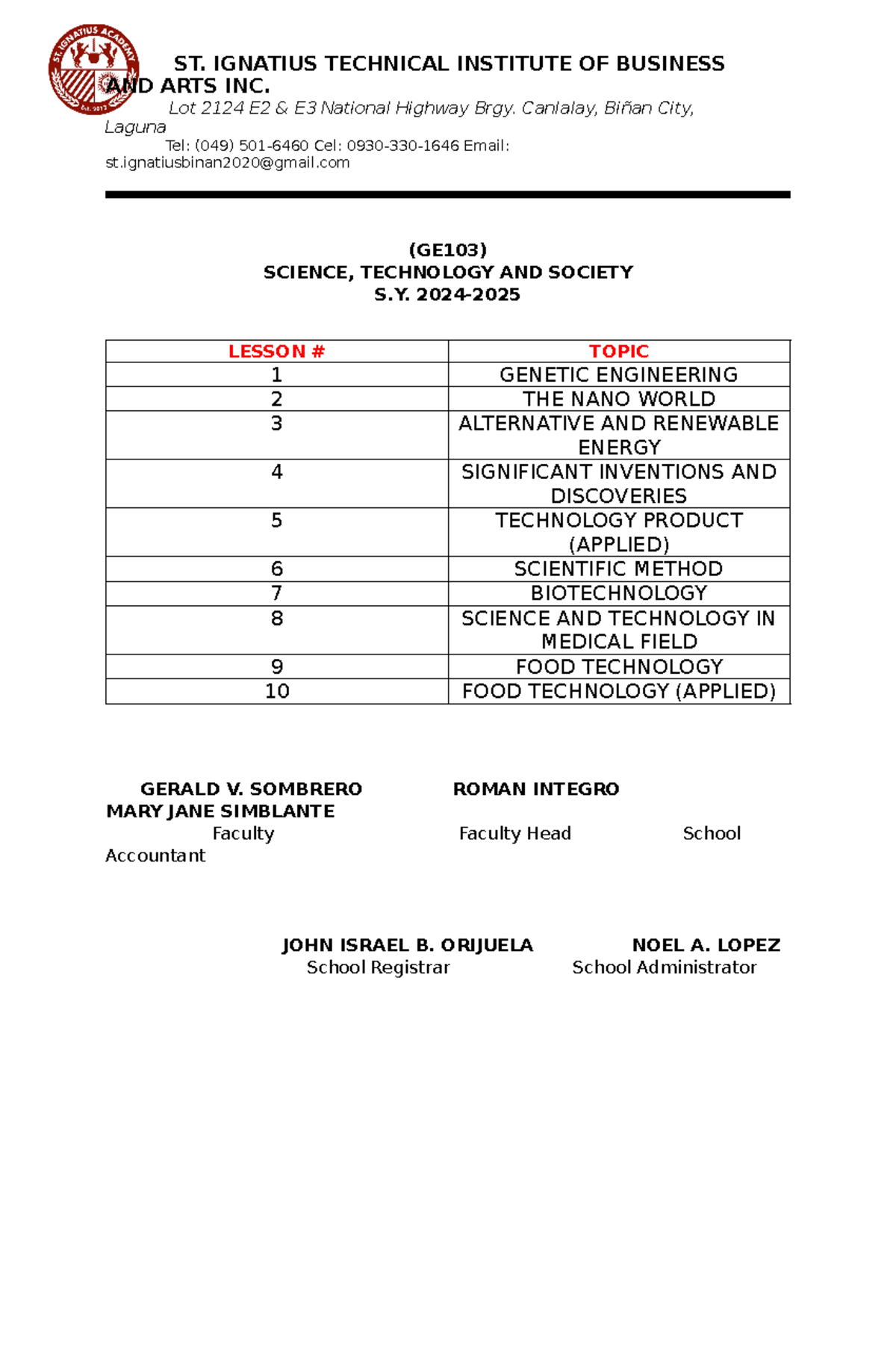 Science, Technology AND Society Lessons - ST. IGNATIUS TECHNICAL ...