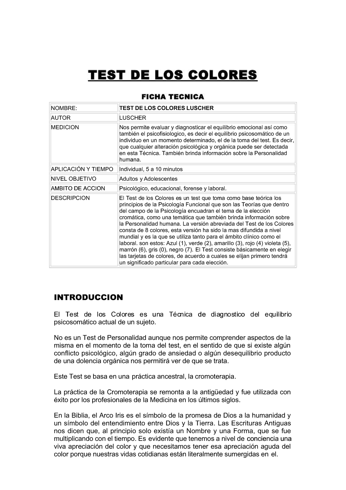 TEST DE LOS COLORES LUSCHER - FICHA TECNICA - MANUAL- Adultos y ...
