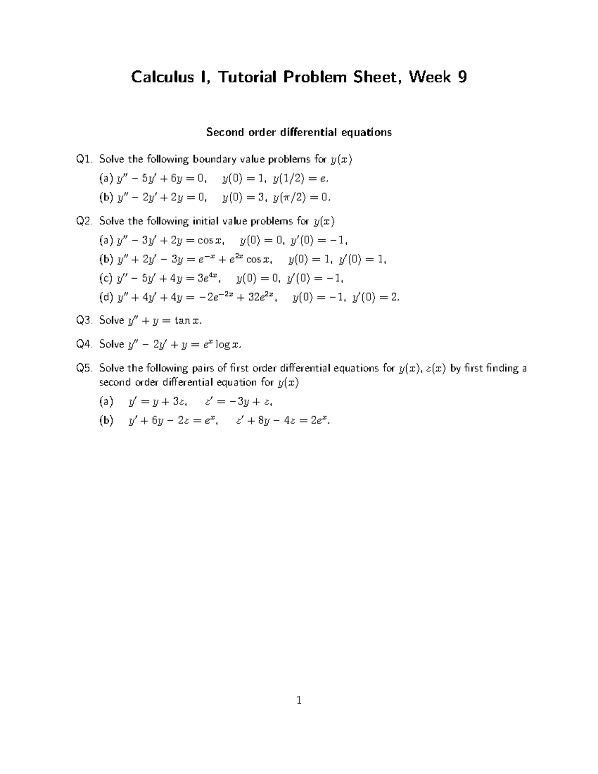 TU9 - Differential equations - Calculus I, Tutorial Problem Sheet, Week ...
