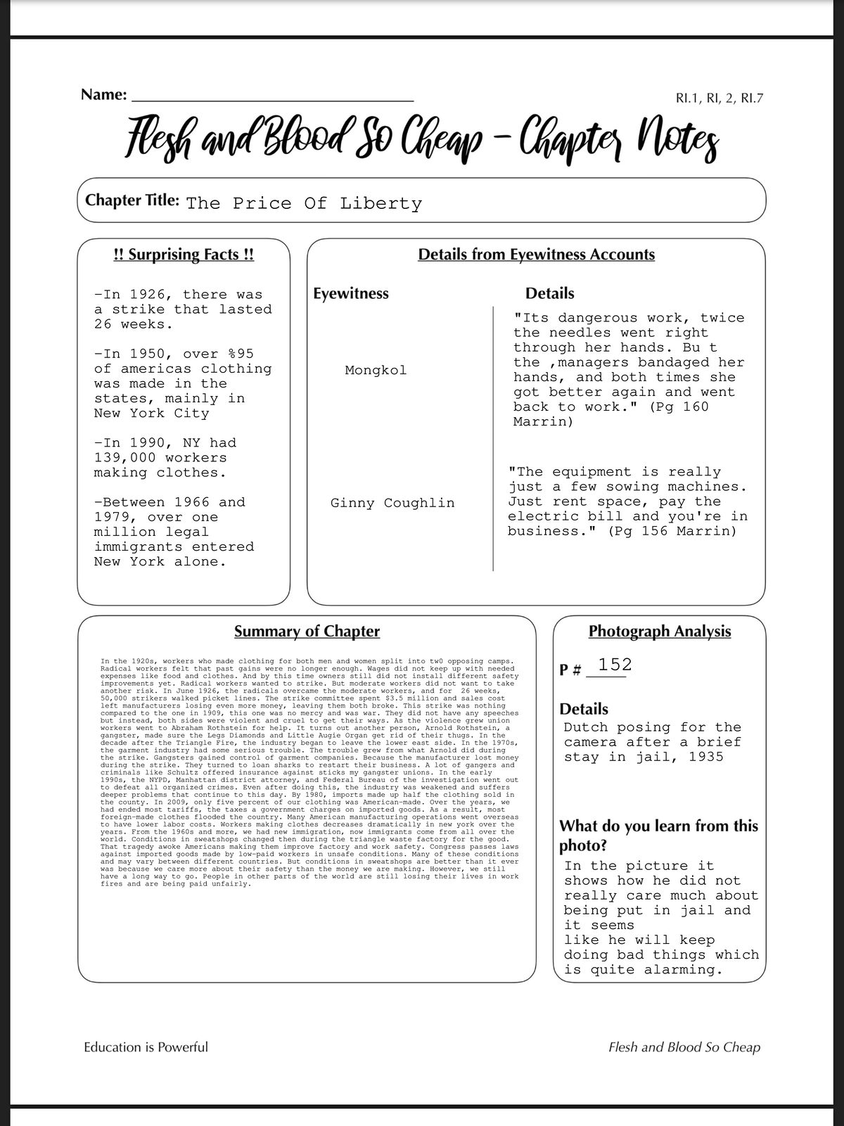 Flesh and Blood So Cheap Chapter Notes Handout - The Price Of Liberty ...